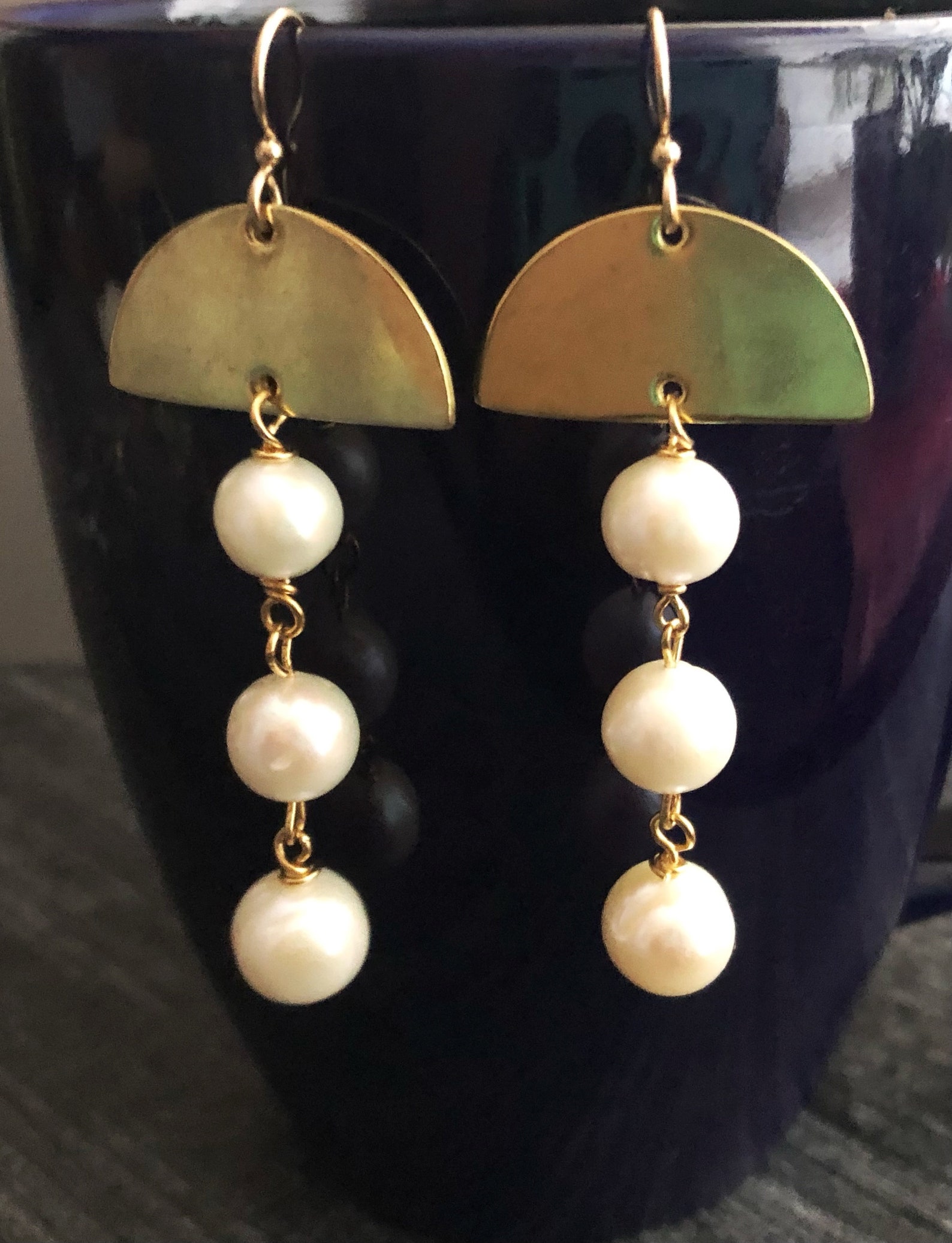 Pearl Drop Earrings Long Half Moon Earrings Gold Modern - Etsy