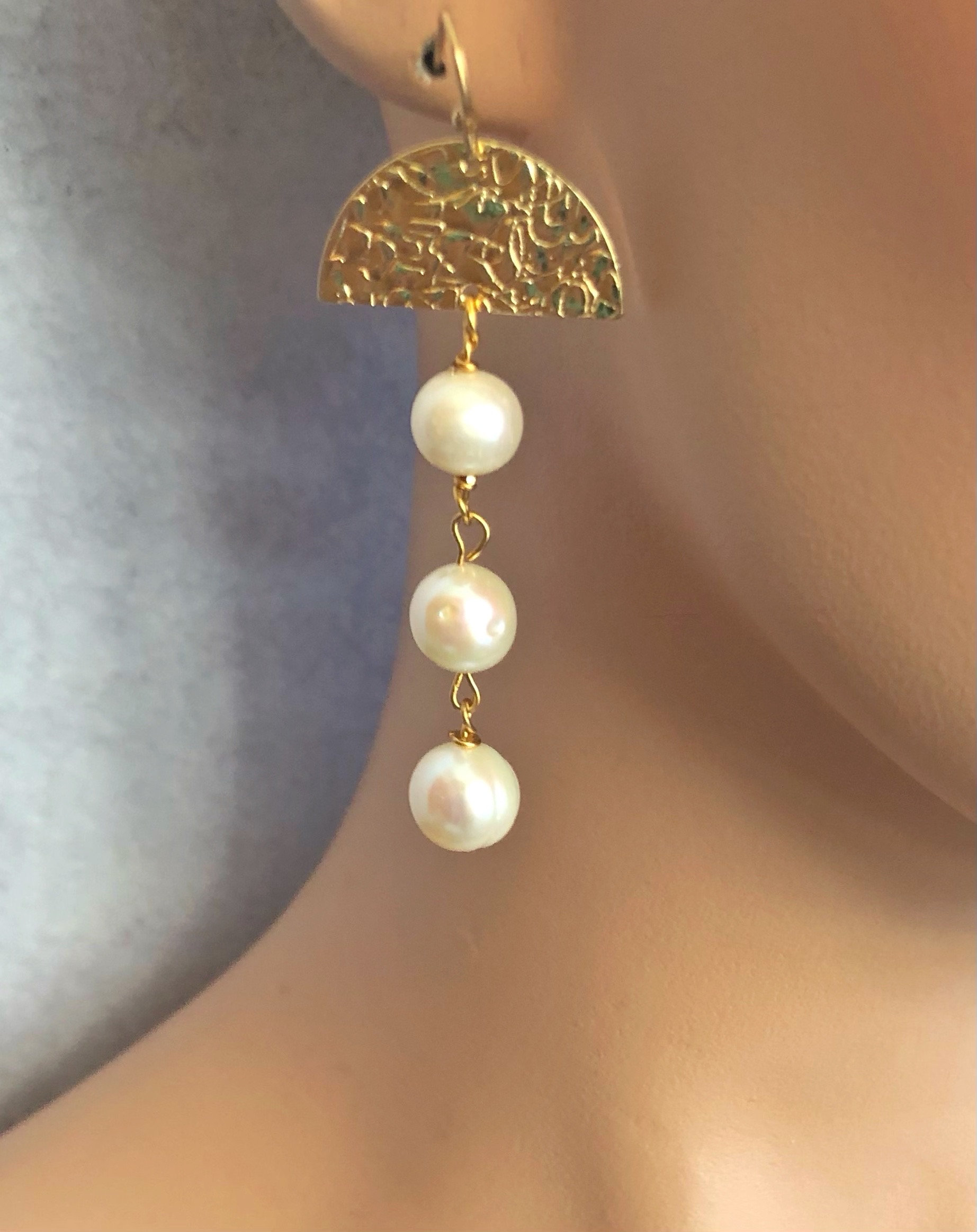 Pearl Drop Earrings Long, Half Moon Earrings Gold, Real Pearl Modern ...