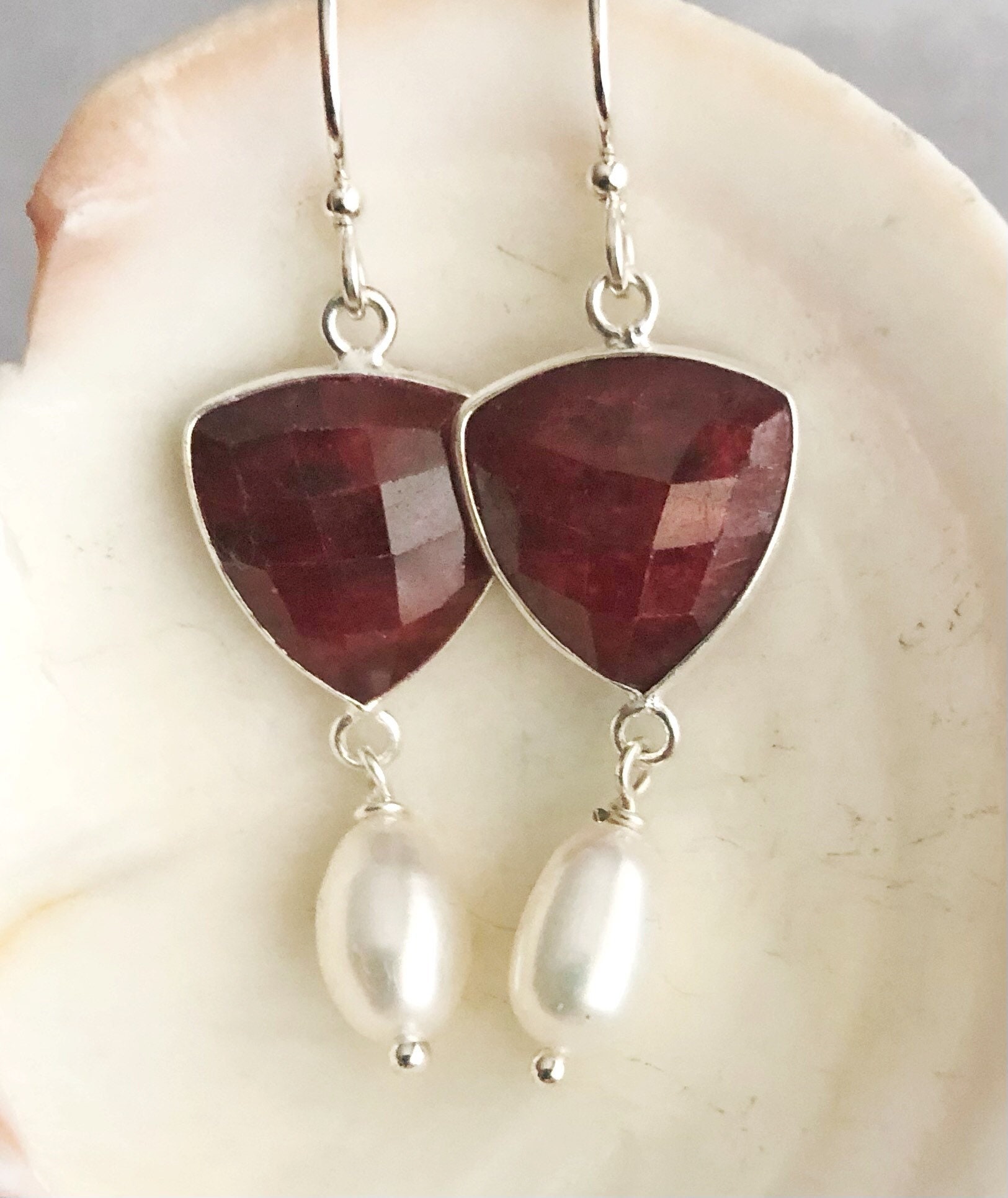 Genuine Ruby Earrings, Ruby and Pearl Earrings Sterling Silver, Real ...