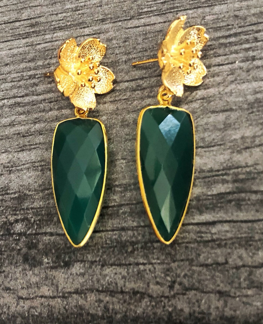 Elegant Long Green Drop Earrings, Gold Flower Stud Earrings for Wedding ...