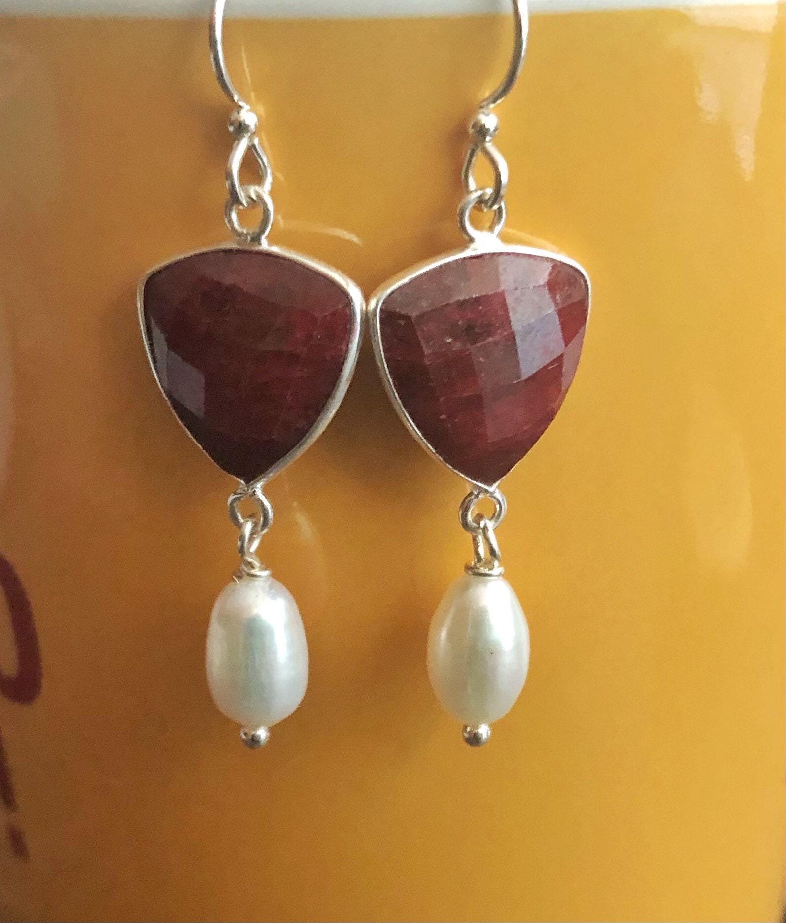 Genuine Ruby Earrings, Ruby and Pearl Earrings Sterling Silver, Real ...