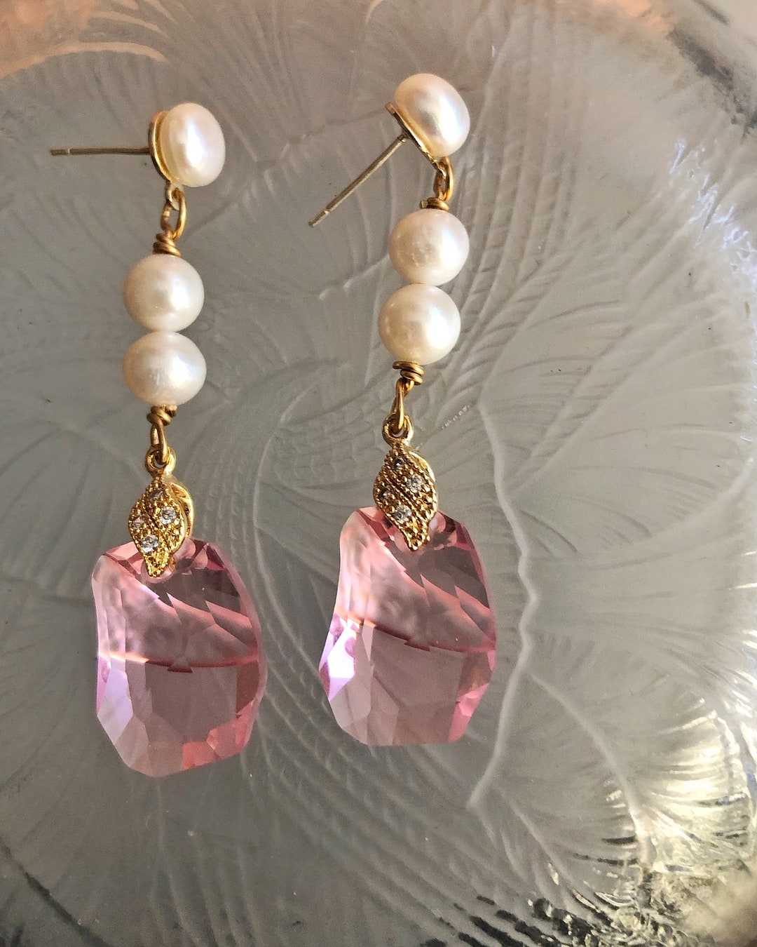 Pink Crystal Earrings Gold, Real Pearl Stud Earrings Dangle, Bridal ...