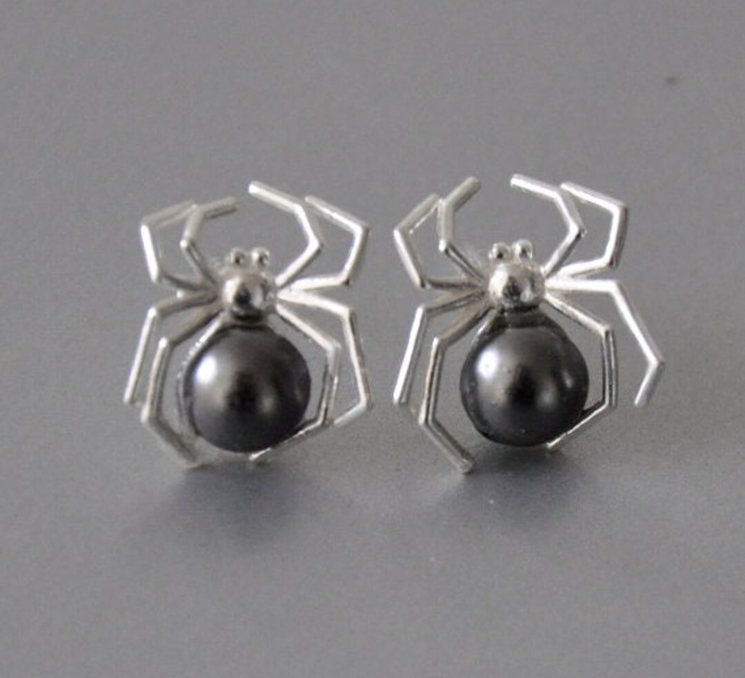 Spider Earrings With Black Pearl, Sterling Silver Stud Earrings ...