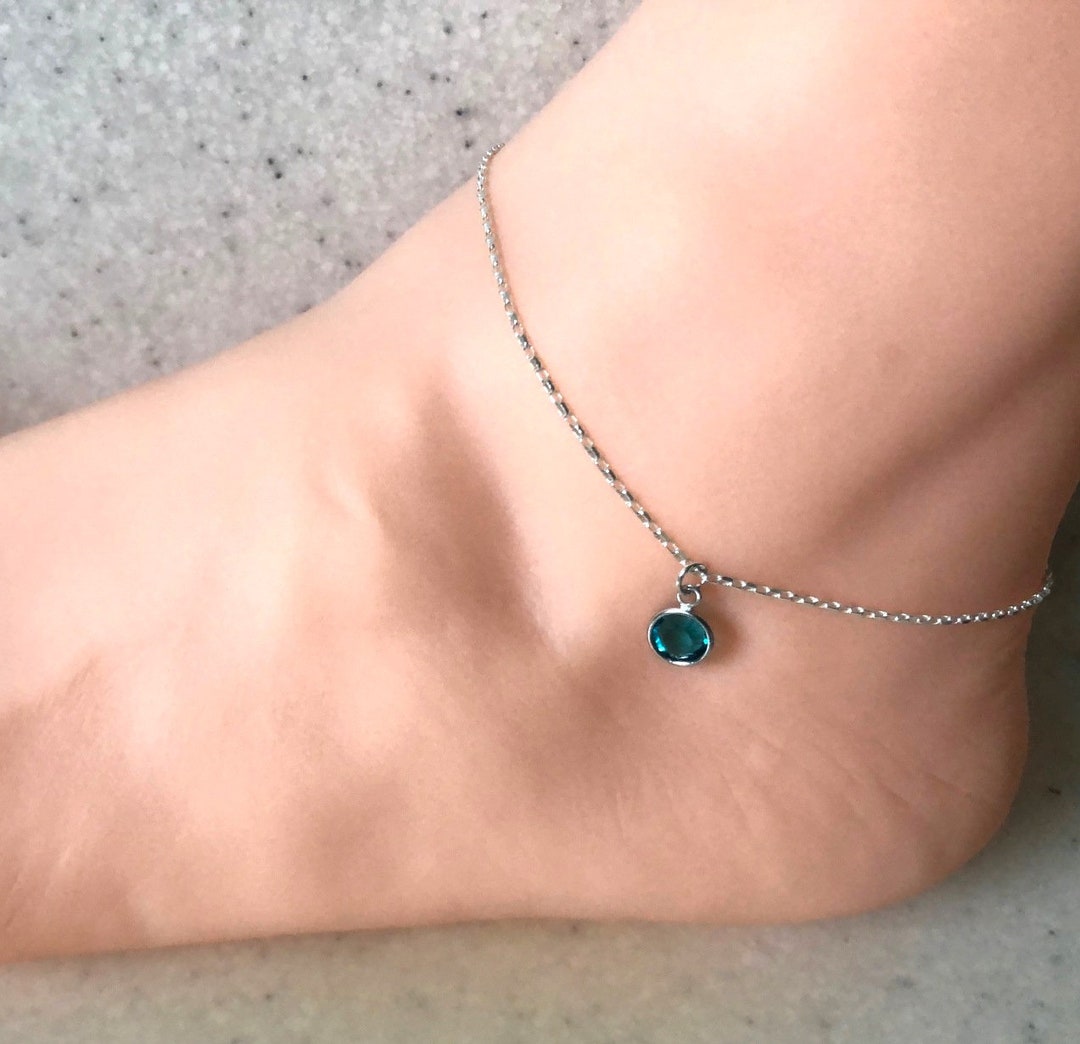 Solid Silver Anklet, Swarovski Crystal Anklet, Layering Ankle Bracelet ...