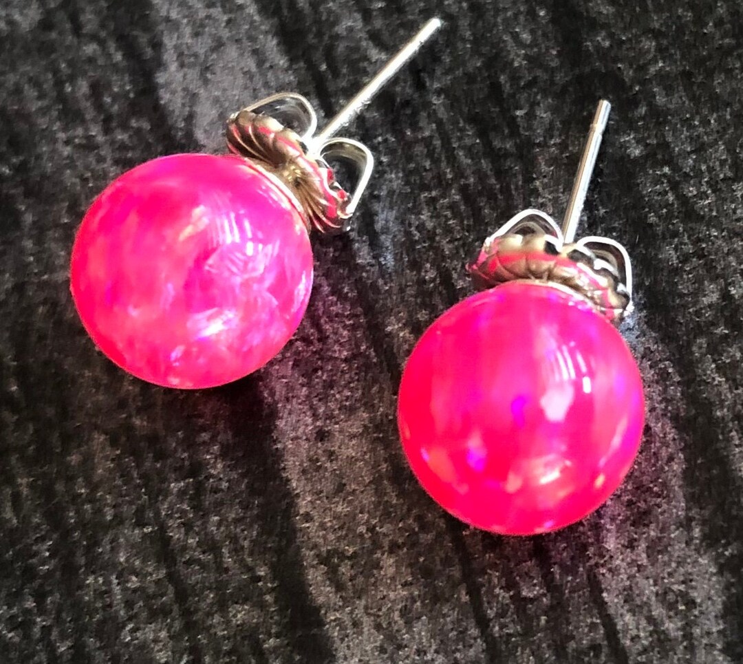 Hot Pink Opal Earrings Sterling Silver, Opal Ball Earrings, Large Stud ...