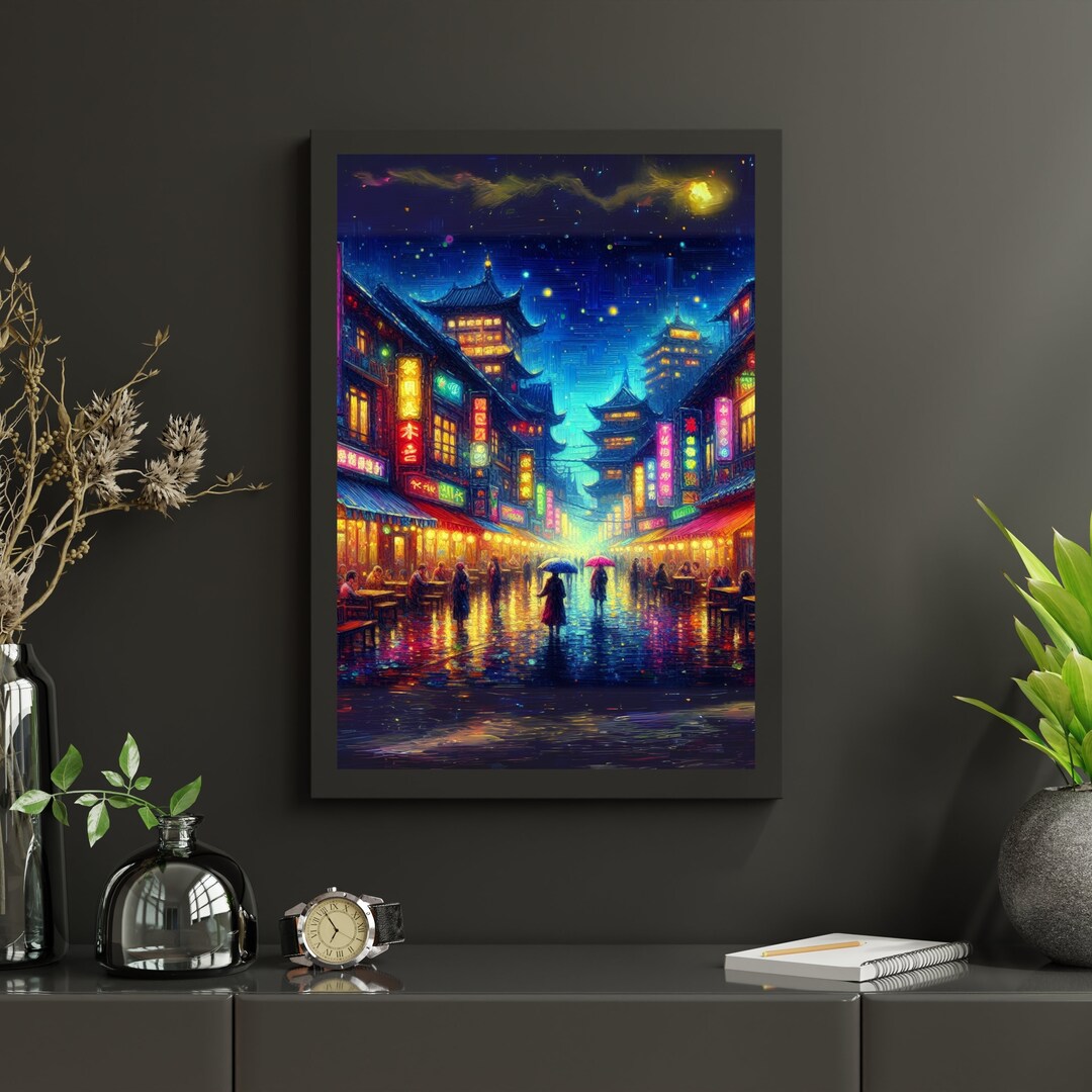 Neon Townscape in Rain Wall Art for Your Home Oil Painting Style - Etsy