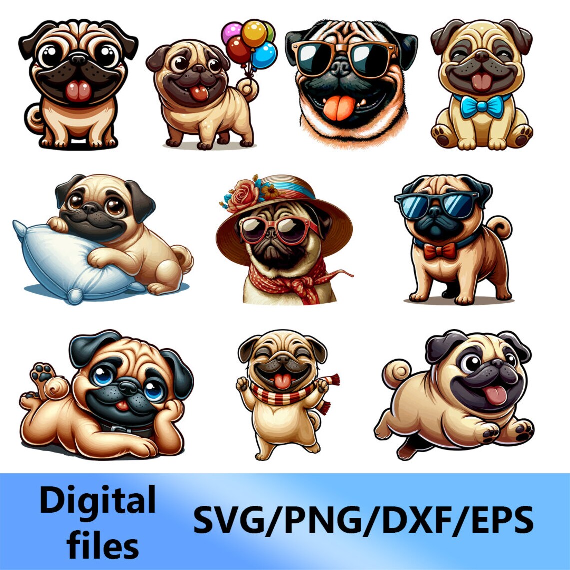 Pug, Digital Clipart, Svg, Png, Dxf, Eps Files (set 10 Pcs.) - Etsy