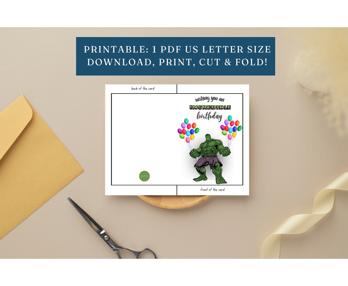 Printable Incredible Hulk Birthday Card Instant Download 5x7 Inch Card ...