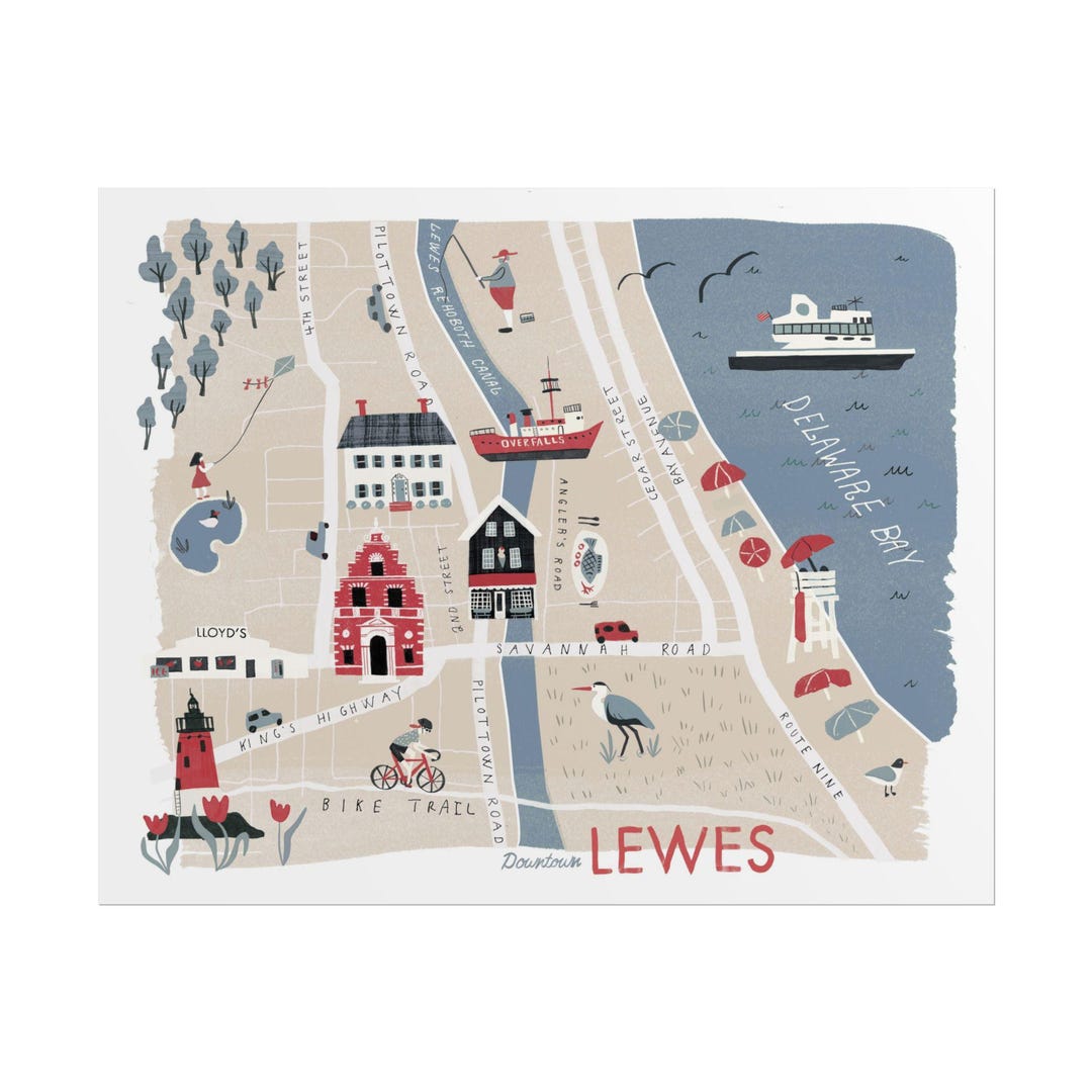 Downtown Lewes Coastal Map Poster, Delaware Bay Nautical Map by Artist ...