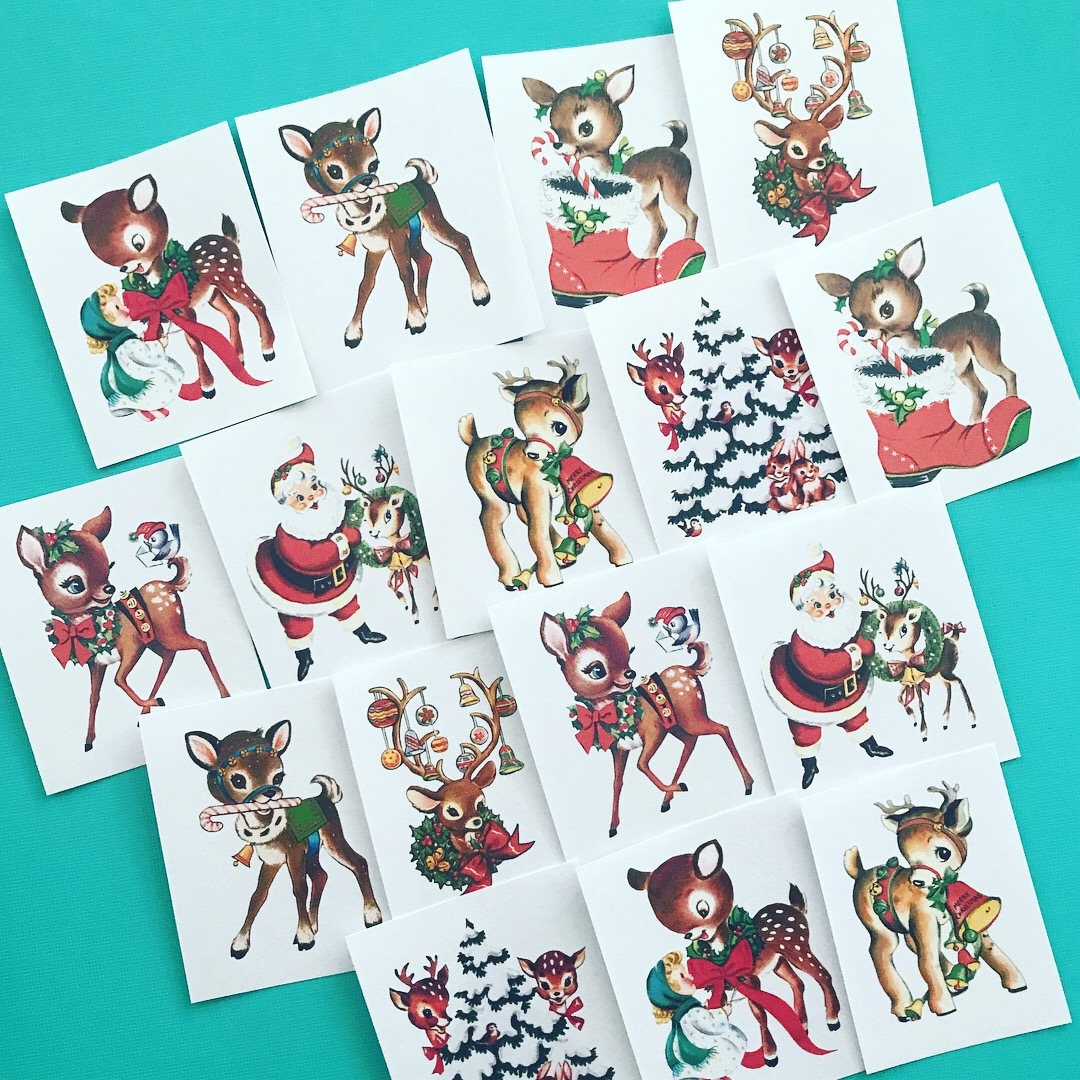 Deer Stickers - Set of 16 - Handmade Stickers, Vintage Christmas, Cute ...