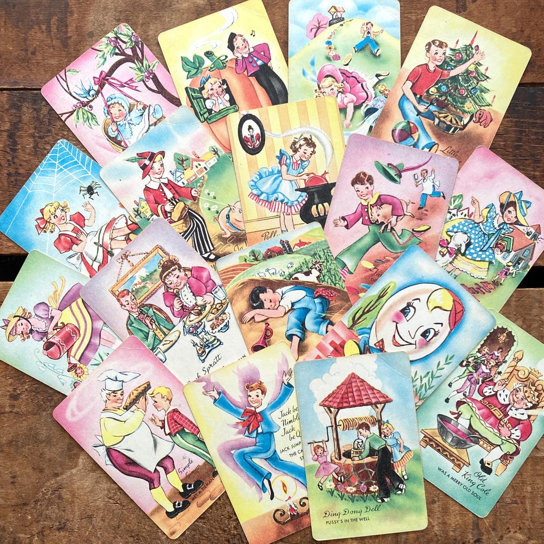 Vintage Old Maid Cards Set of 17 Vintage Cards, Nursery Rhymes, Paper Ephemera, Junk Journal ...