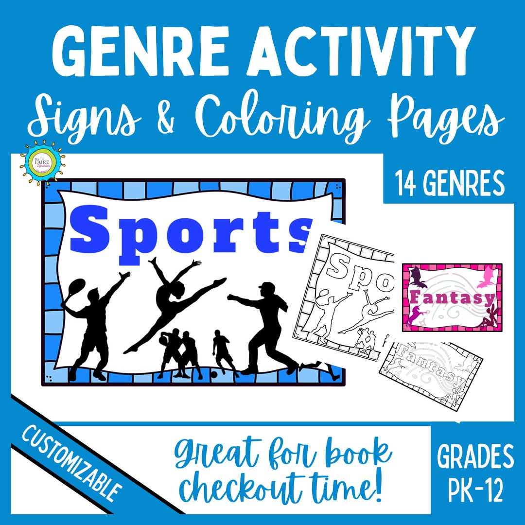 Genre Coloring Book and Signs | Library Genre Learning Activity ...