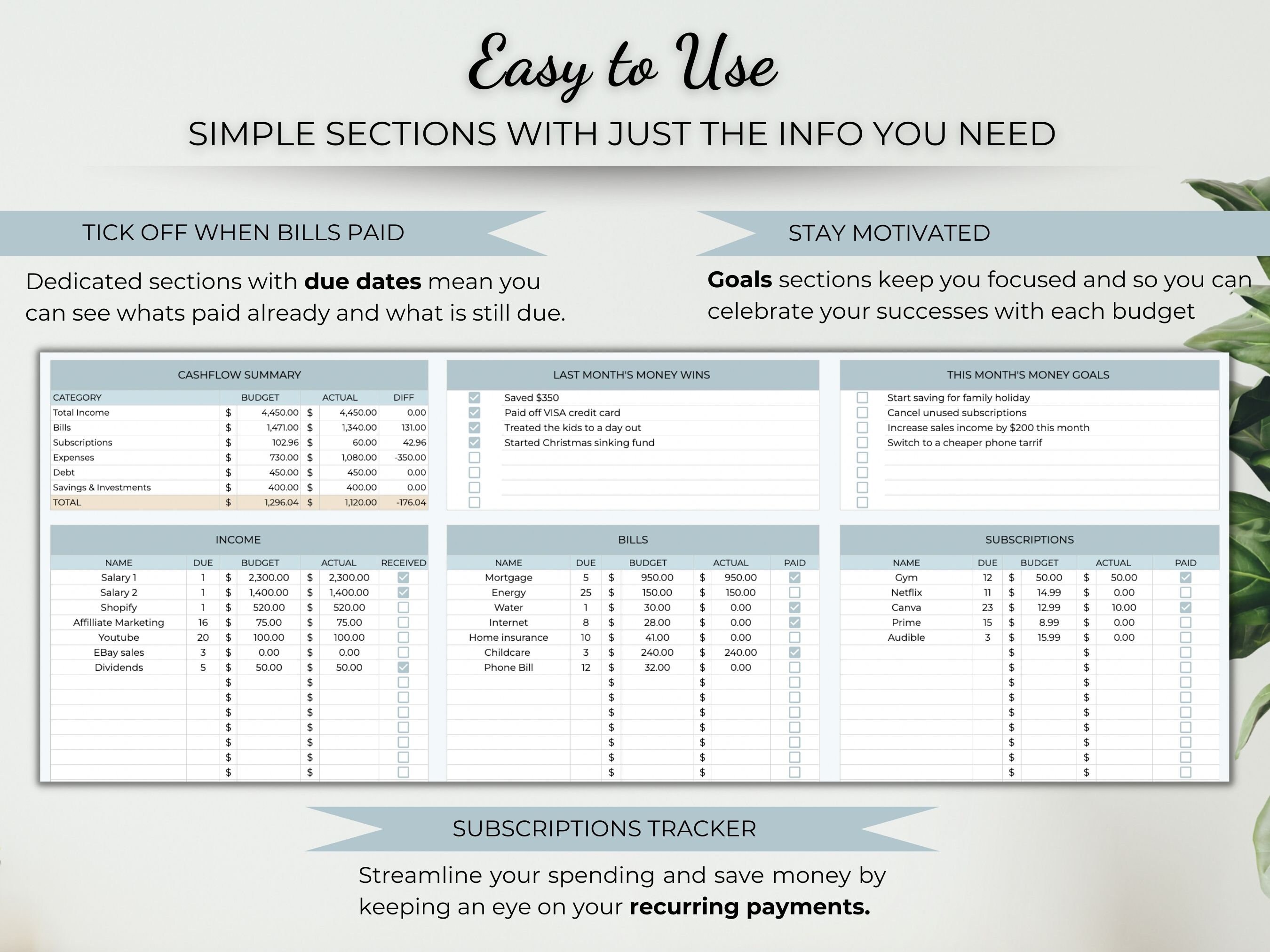 Blue Simple Budget Tracker, Beginners Monthly Budget Spreadsheet, Bi ...