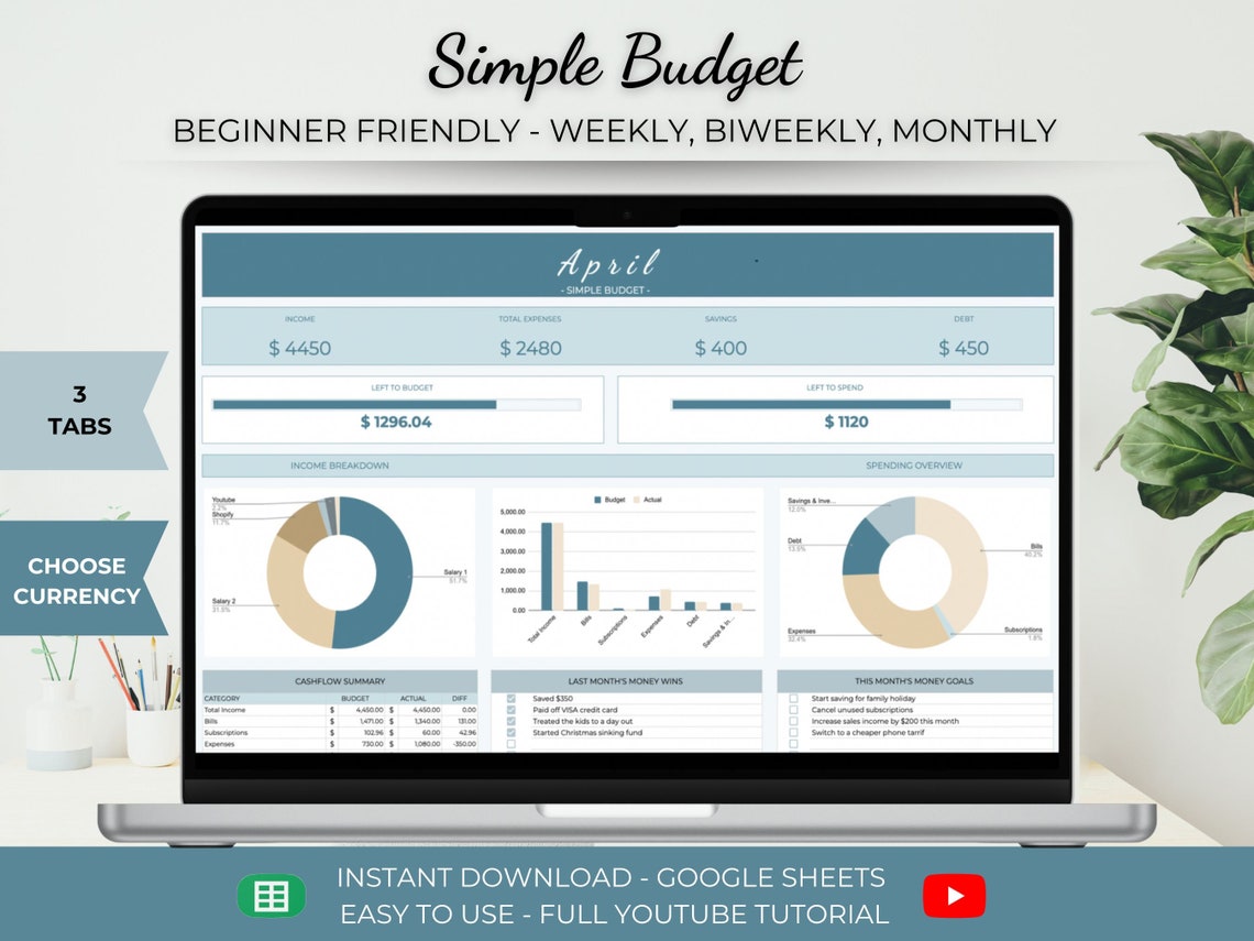 Blue Simple Budget Tracker, Beginners Monthly Budget Spreadsheet, Bi ...