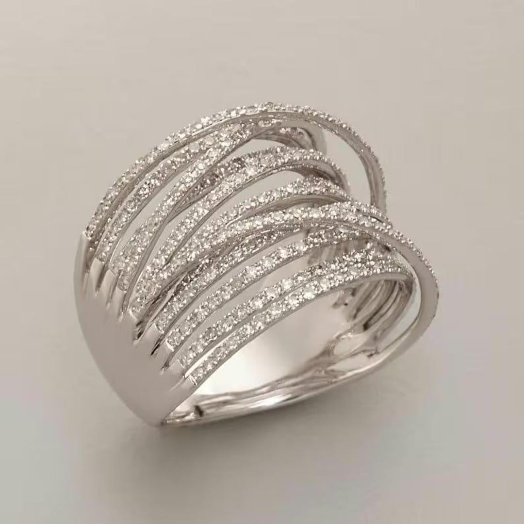14K White Gold Multi Layered Ring, Round Colorless Moissanite ...