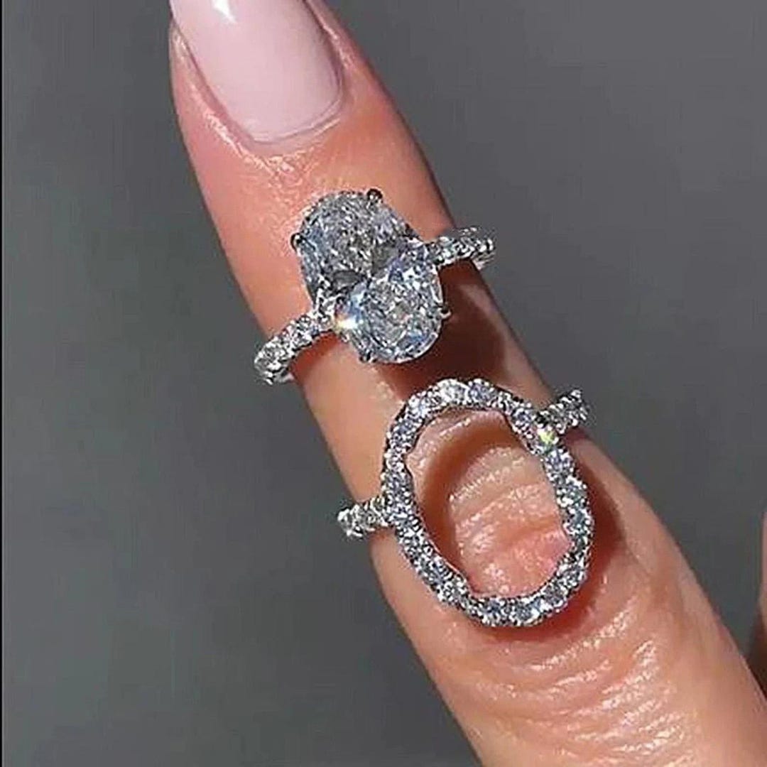 Unique Oval Cut Insert Wedding Ring, Open Shank Halo Bridal Ring Set ...