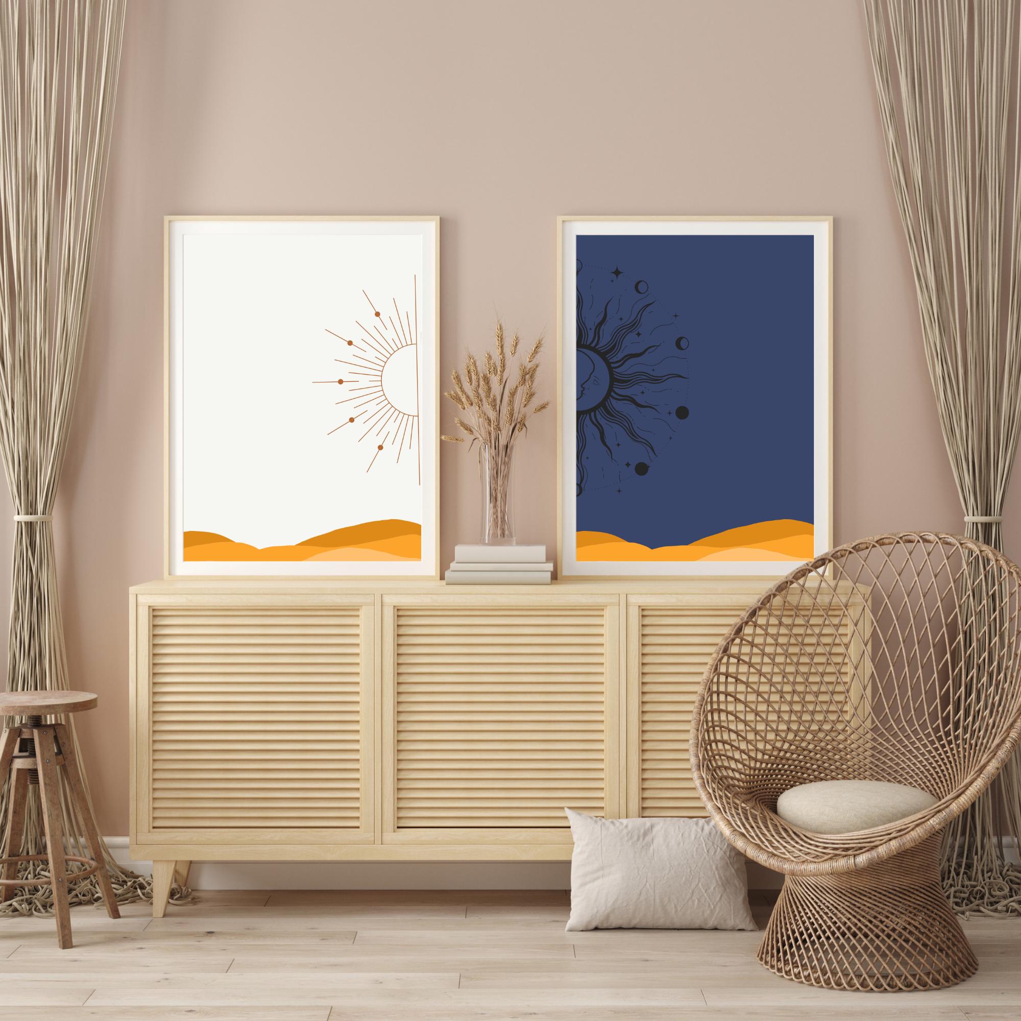 Sun and Moon Wall Art Set of 2 Prints Minimalist Boho Abstract Decor ...