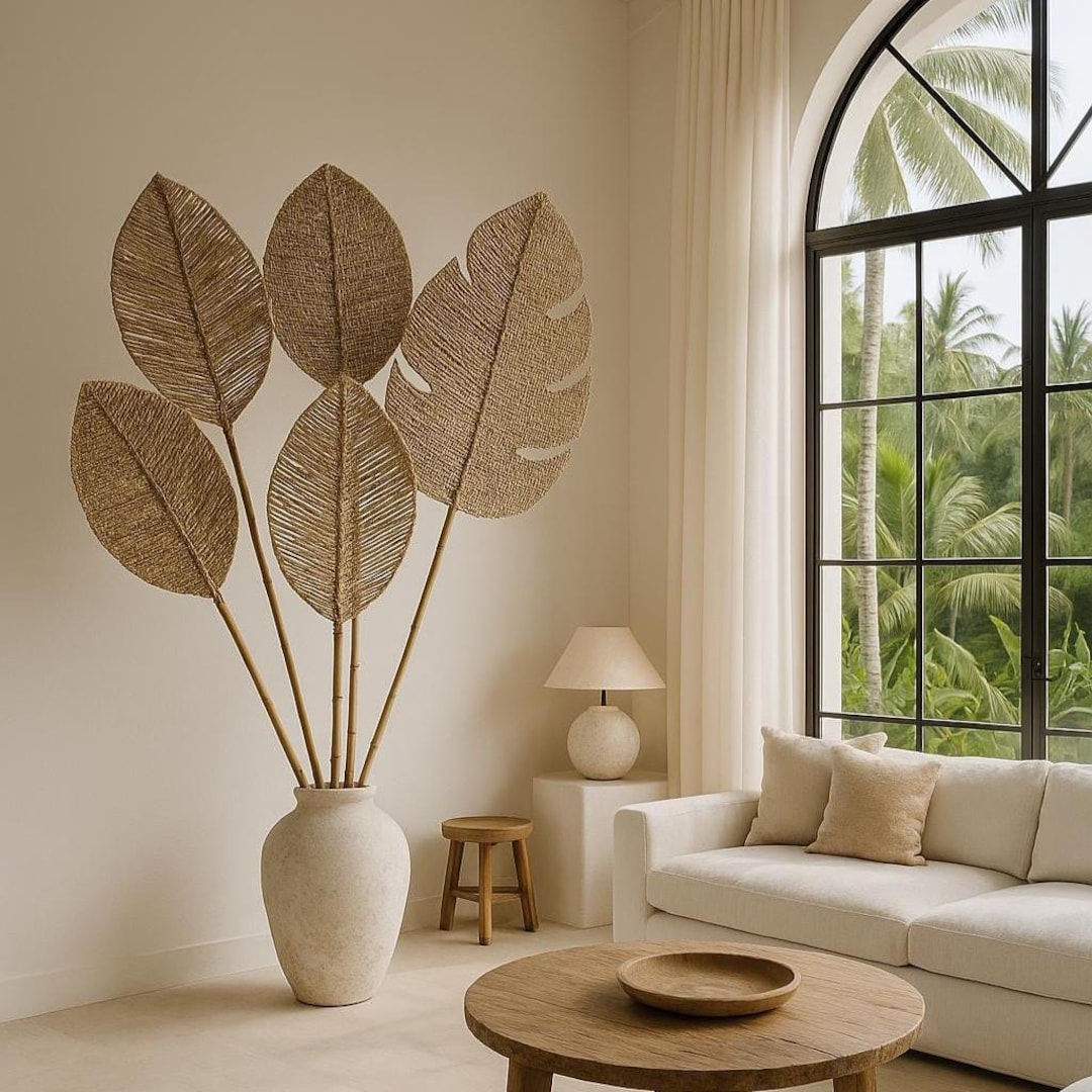 Handwoven Rattan Leaf Decor | Boho Vase Arrangement, 40-45” - Etsy