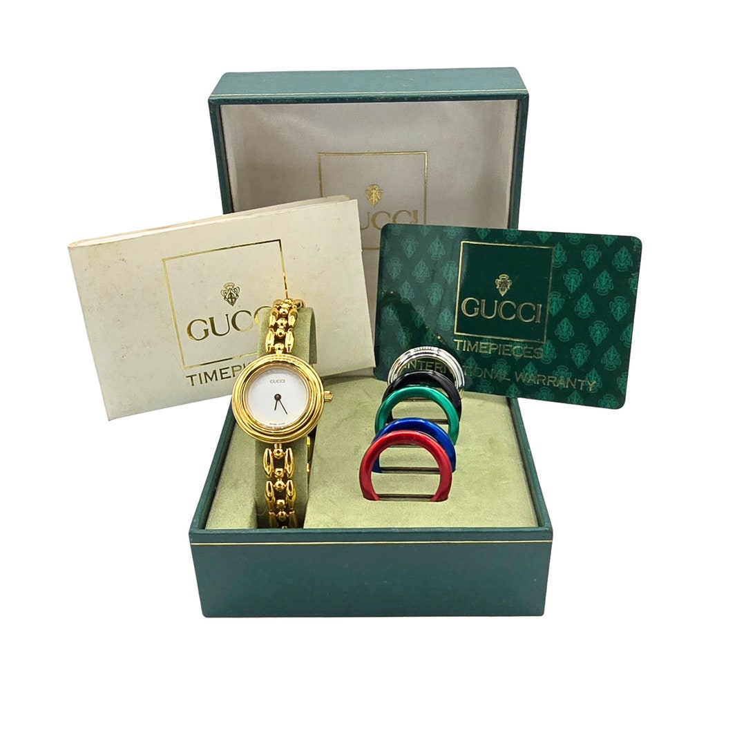 Vintage Gucci Interchangeable Bezel Gold Plated Watch 1200L Rice Link ...
