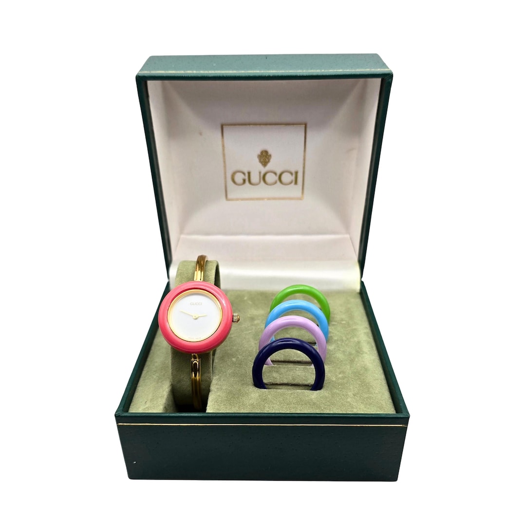 Vintage Gucci Interchangeable Coloured Bezel Gold Plated Bangle Watch ...