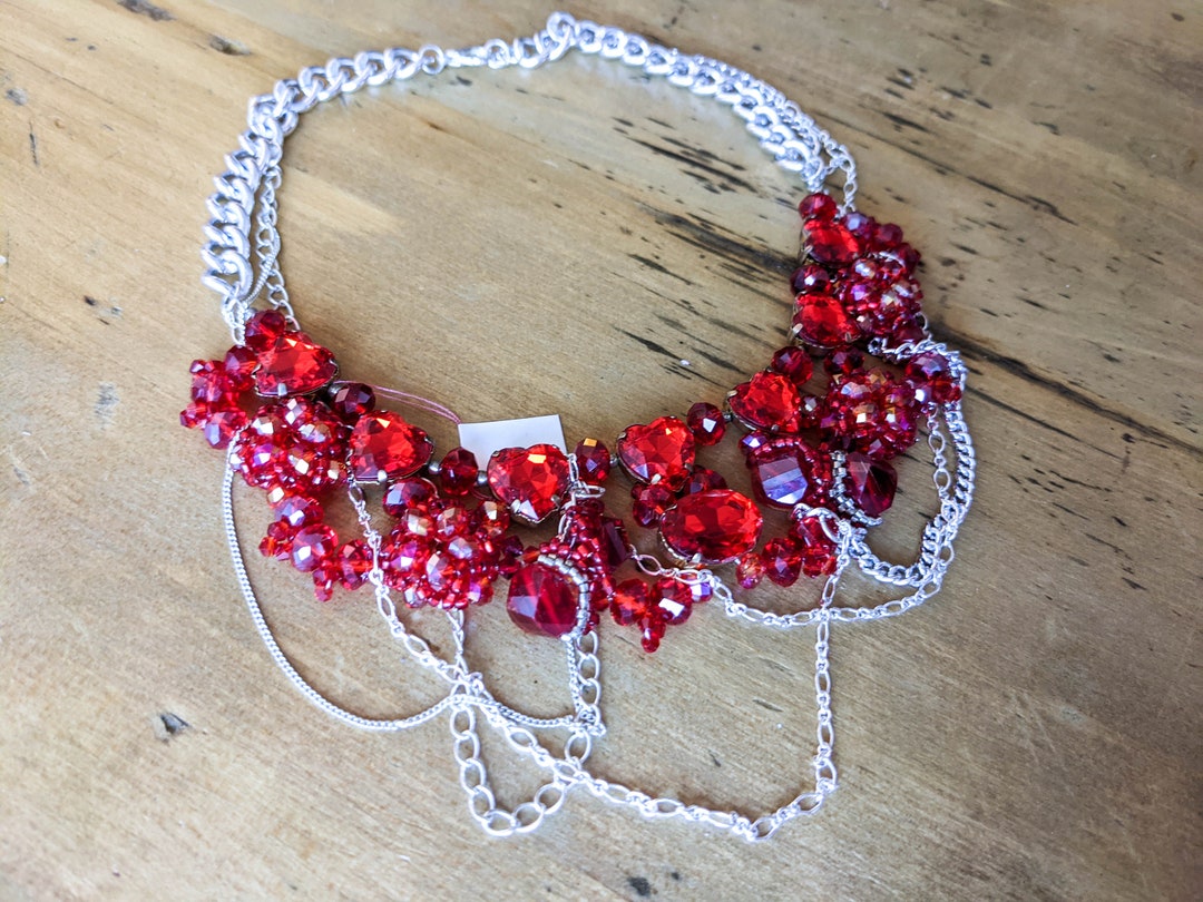 Red Statement Necklace | Multi Chain Necklace | Red Crystal Necklace ...