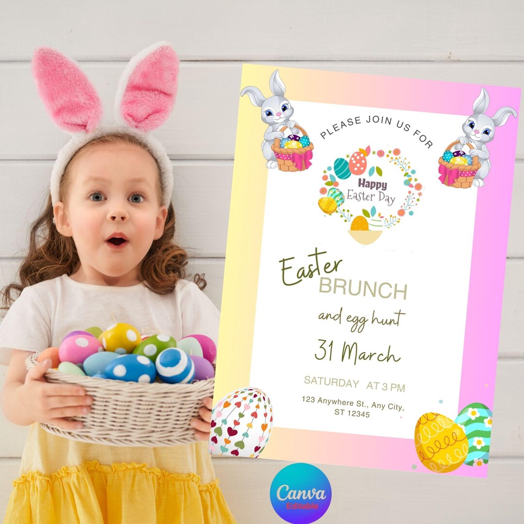 Easter Brunch Invitation Template, Cute Bunny Easter Party Invitation ...