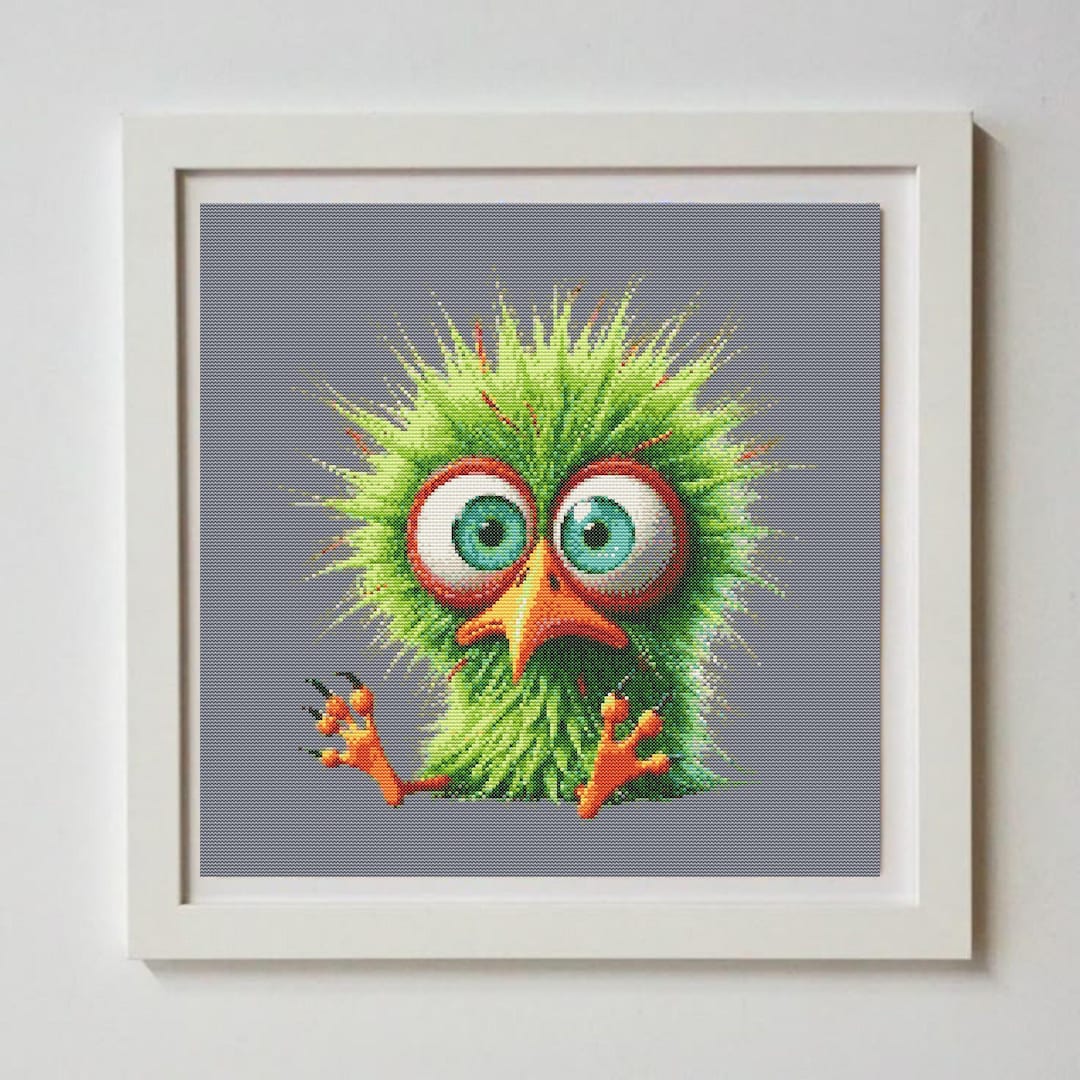 Funny Green Bird Cross Stitch Pattern, Cartoon Animal Embroidery Design ...