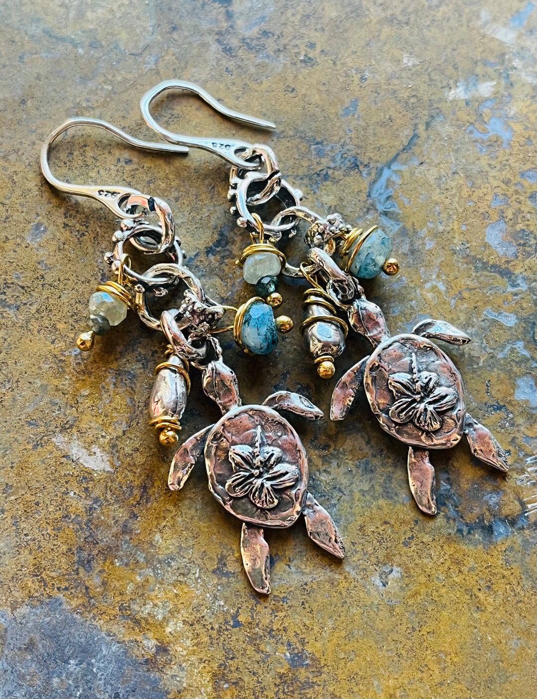 Sterling Silver Sea Turtle Azurite Earrings Artisan - Etsy