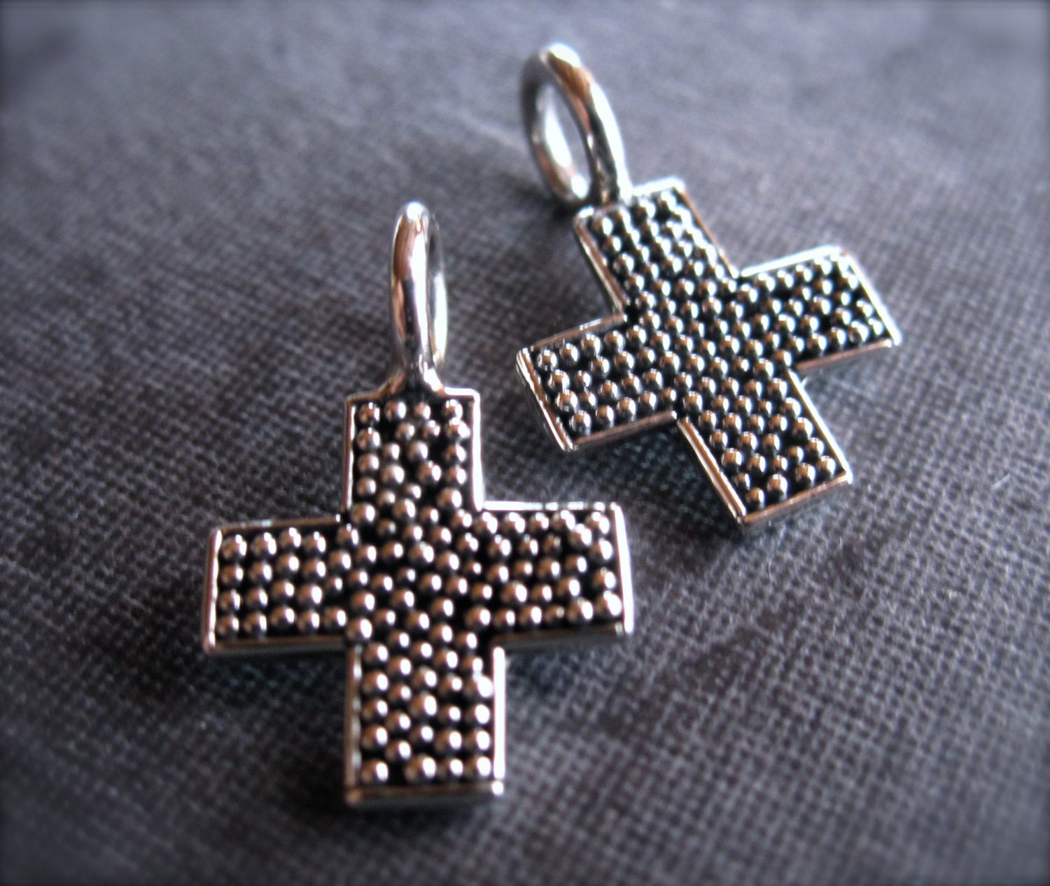 Solid Sterling Silver Cross Charms - Oxidized and Polished - dotted texture