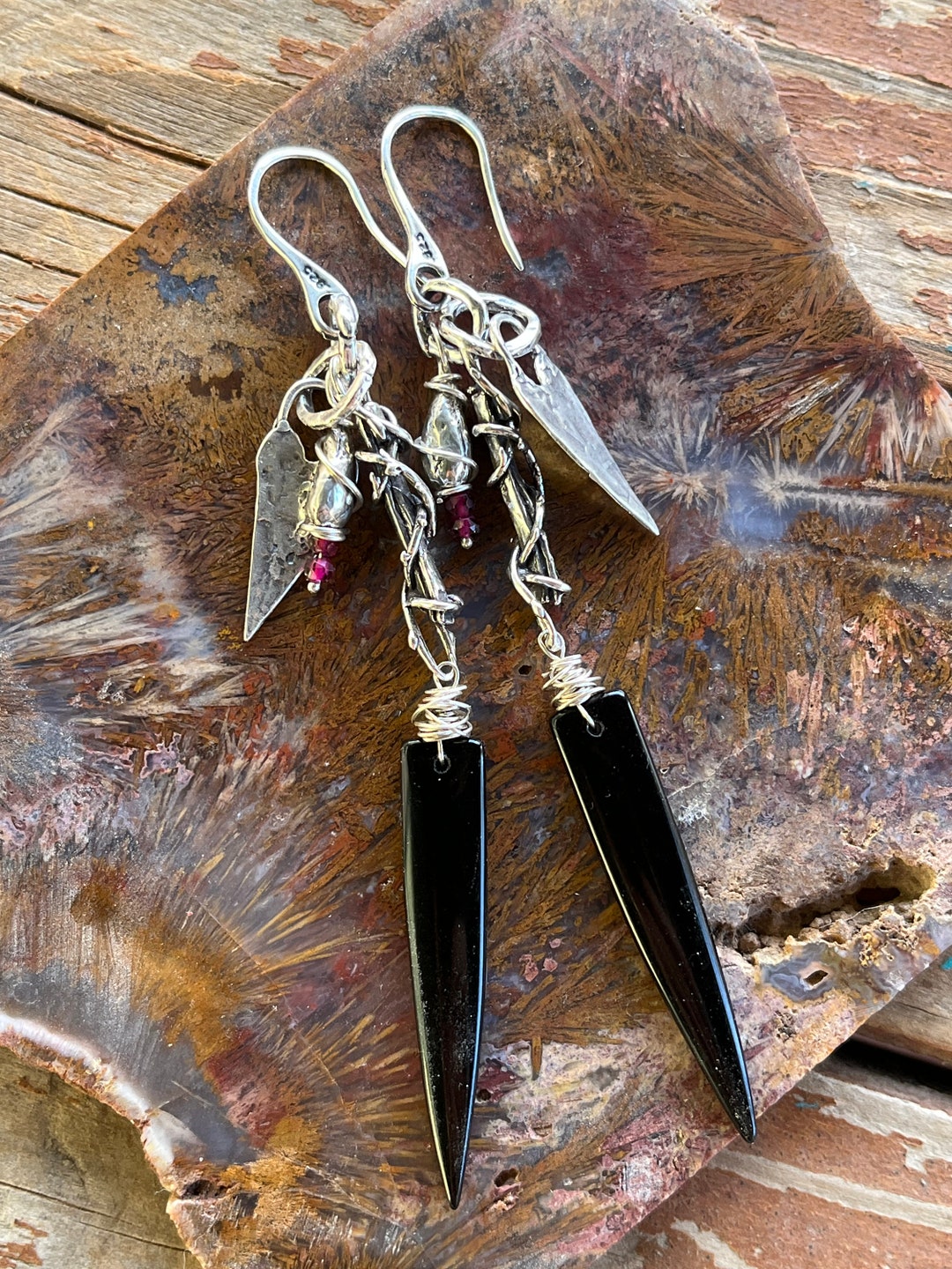 Sterling Silver Bleeding Heart Dagger Artisan Earrings Obsidian - Etsy