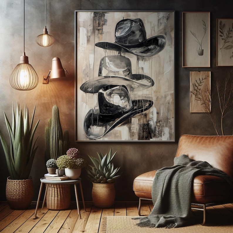 Western-style Giclée Print | Cascading Cowboy Hats | Digital Art With ...