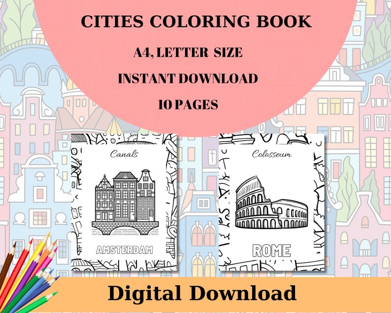 Colorful Cities: A Travel-themed Coloring Book Cities Coloring Book for ...