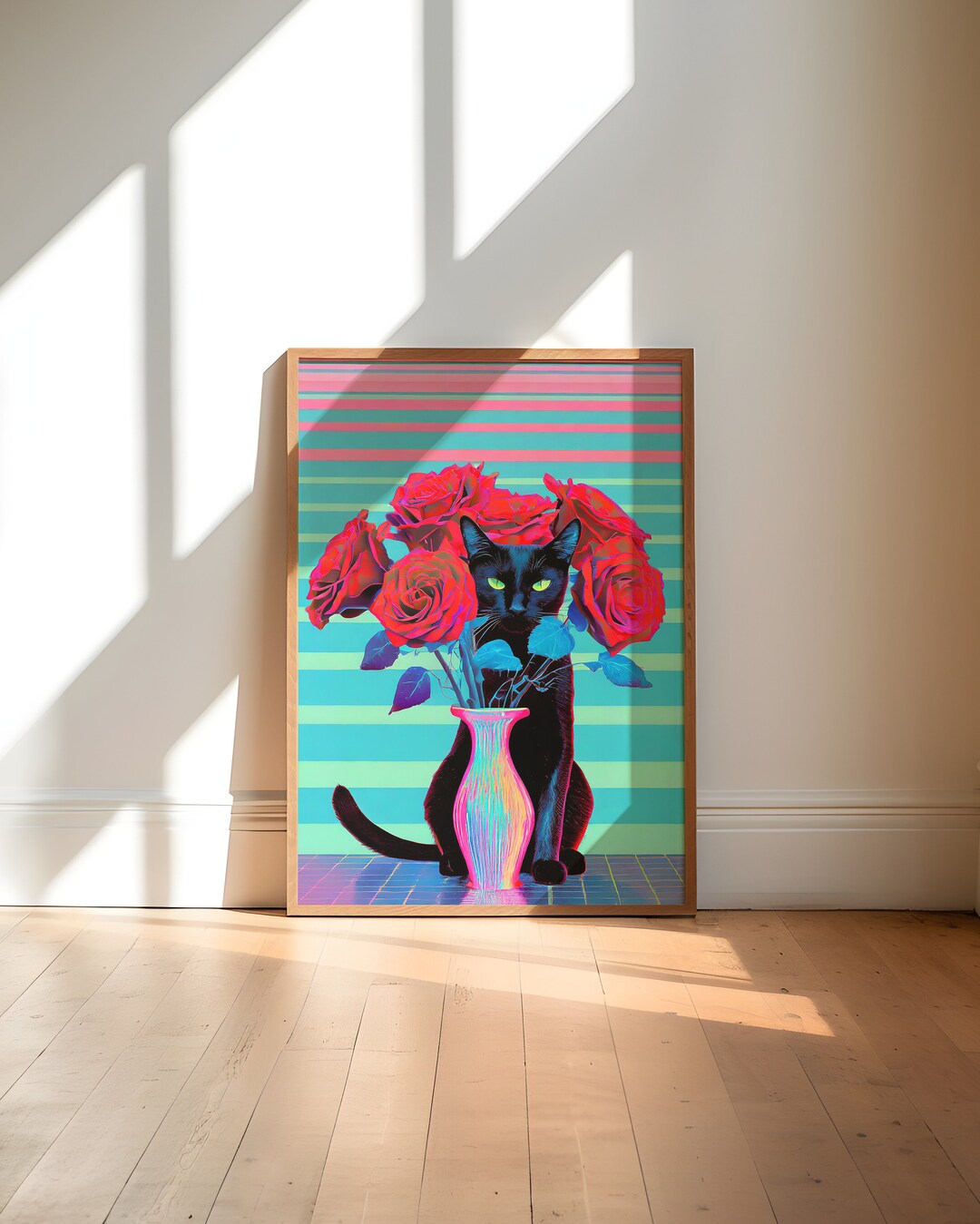 Printable Cat Art, Black Cat Red Roses Print, Cat Digital Art ...