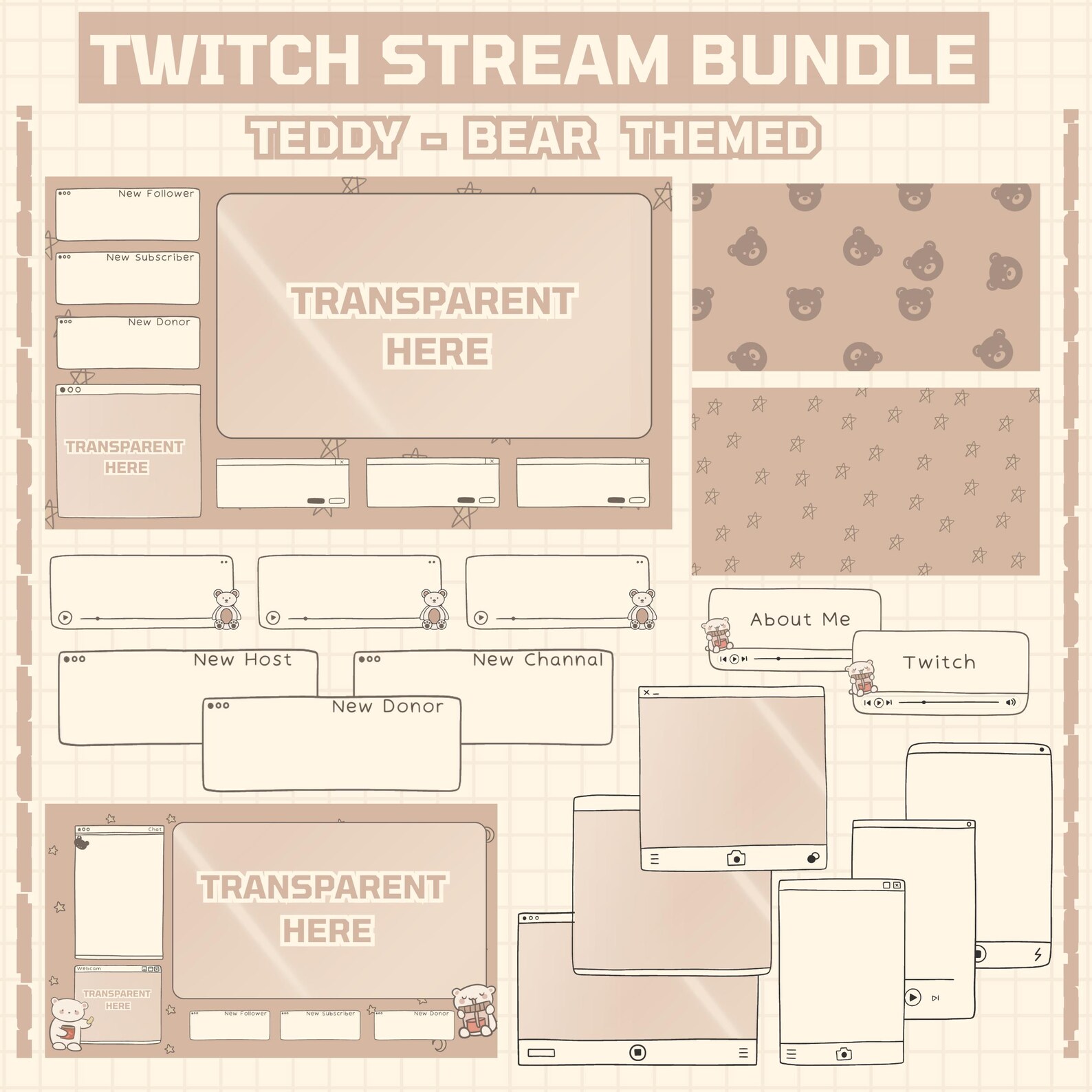 Bear Twitch Overlay Brown Stream Asset, Lo-fi Streamlabs Overlay , Cute ...