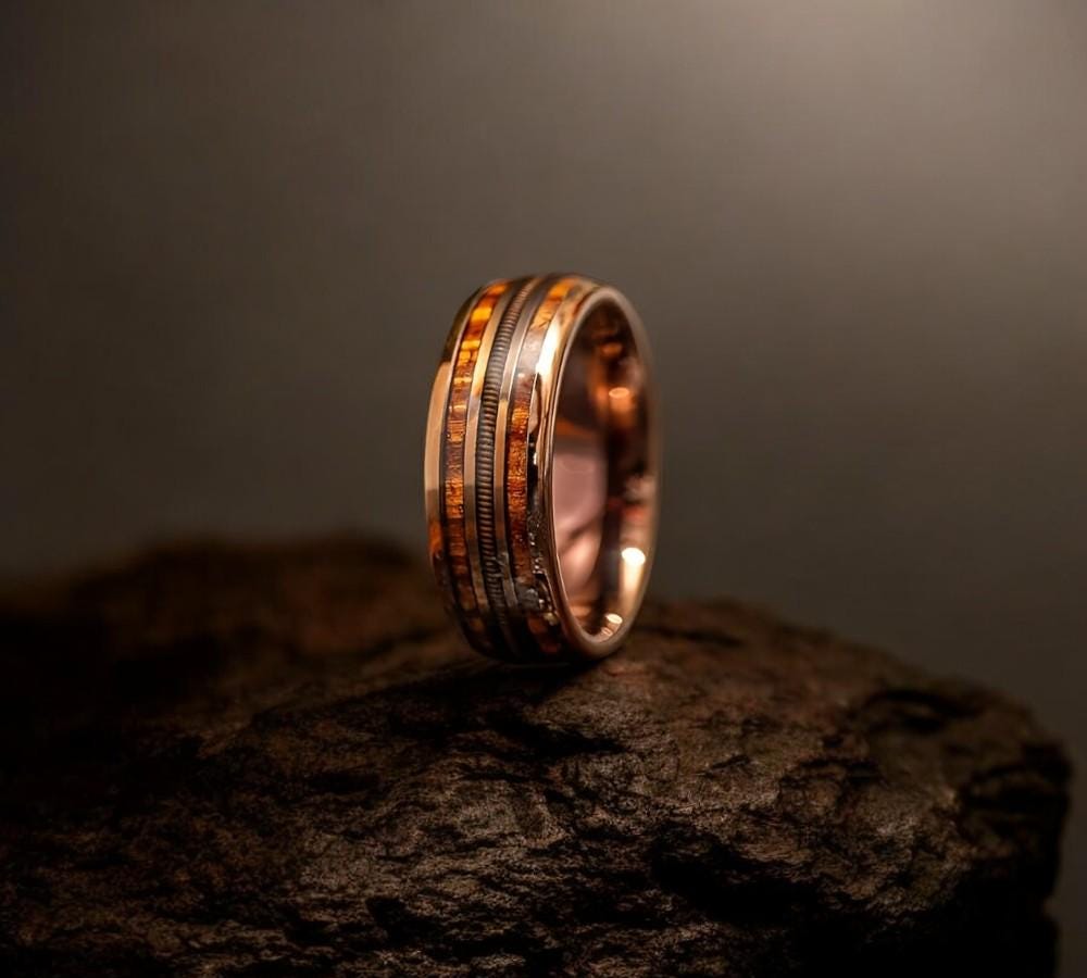 Charred Whiskey Rings & Coffee Guitar String Man Wedding Band | 8mm ...
