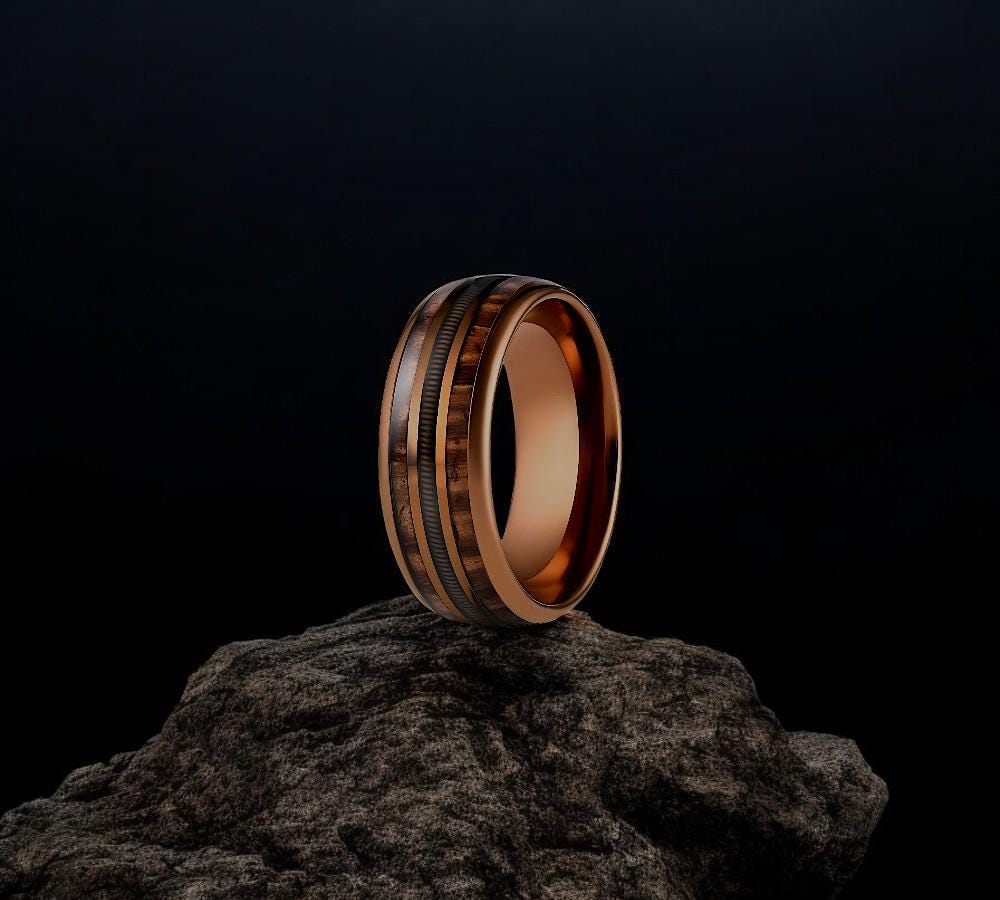 Charred Whiskey Rings & Coffee Guitar String Man Wedding Band | 8mm ...
