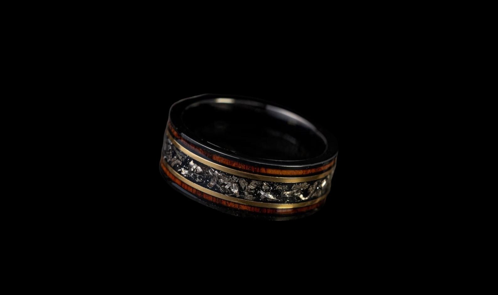 Burnt Whiskey Barrel & Meteorite Men's Wedding Band 8mm Meteorite Wood ...