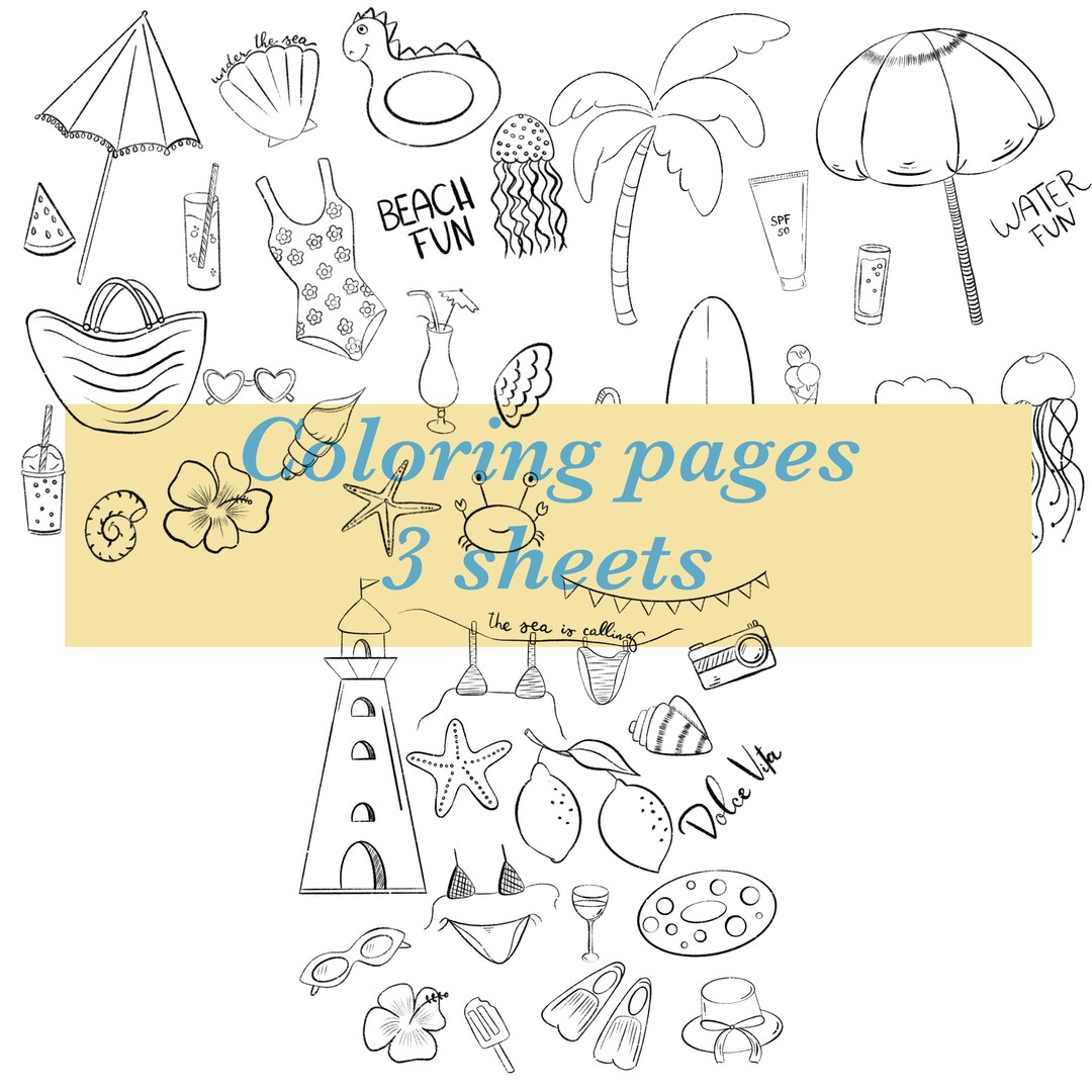 Summer Coloring Pages: Sunny Beach Vacation DIY Crafts (PDF & PNG Files ...
