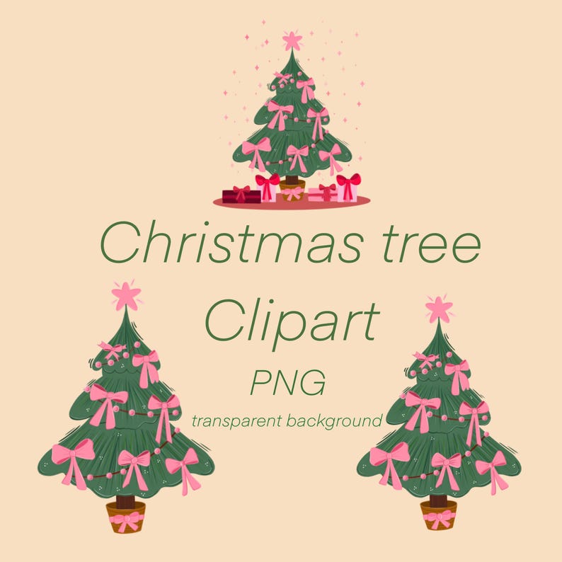 Pink & Green Christmas Tree Clipart Bundle: Holiday Illustrations ...