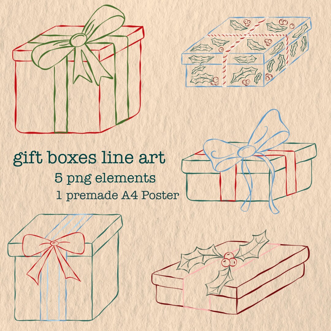 Christmas Gifts Line Art: 5 PNG Elements, 1 A4 Poster - Etsy