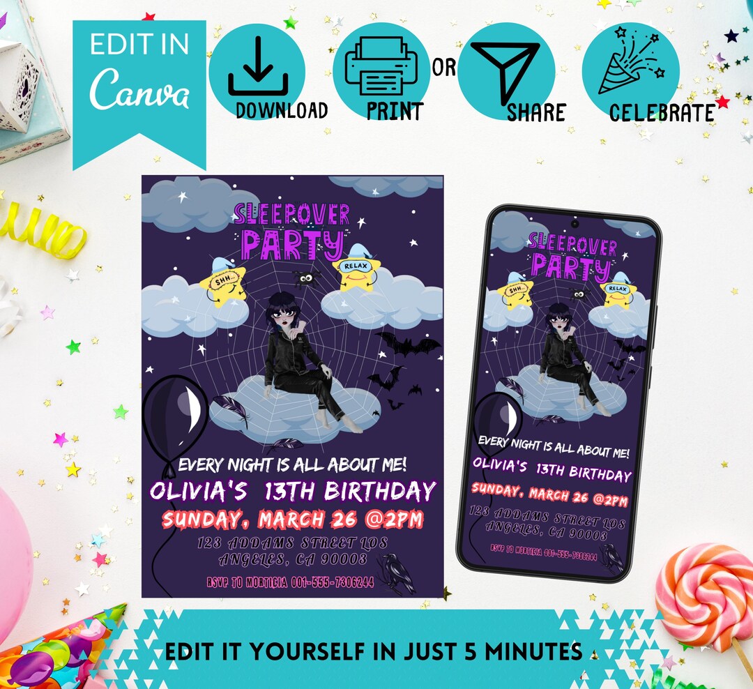 EDITABLE Wednesday Gothic Sleepover Birthday Invitation | Printable ...