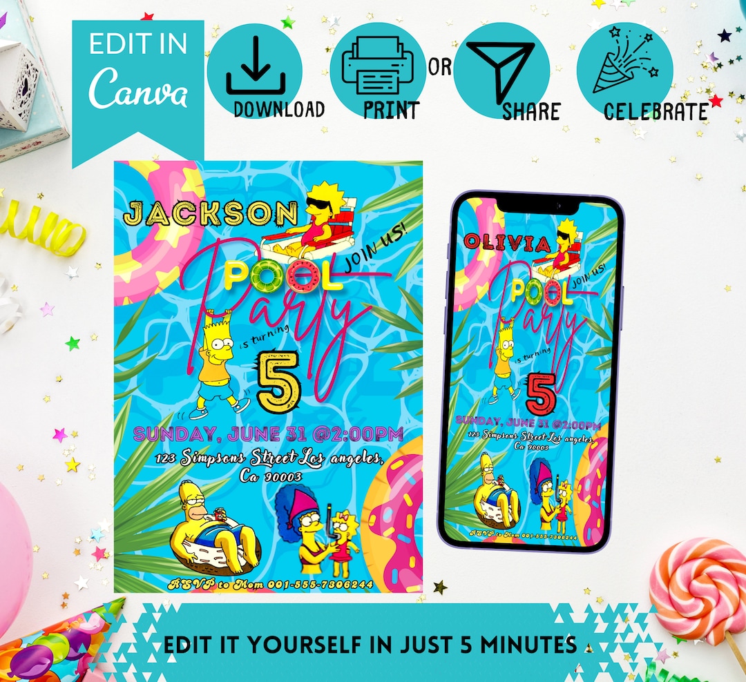 Simpson Family Kids Pool Party Invitations Easily! Printable & Mobile ...