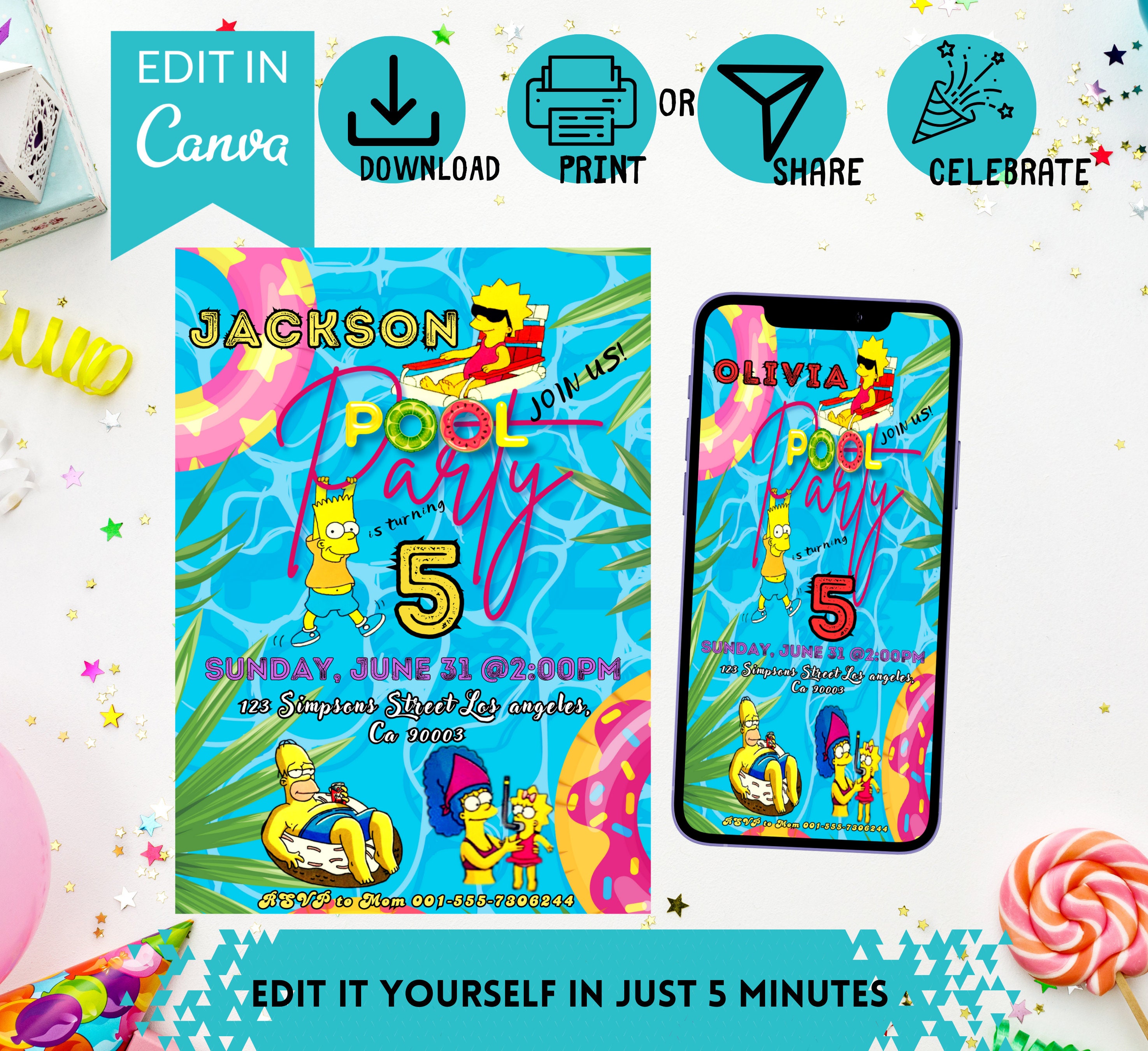 Simpson Family Kids Pool Party Invitations Easily! Printable & Mobile ...