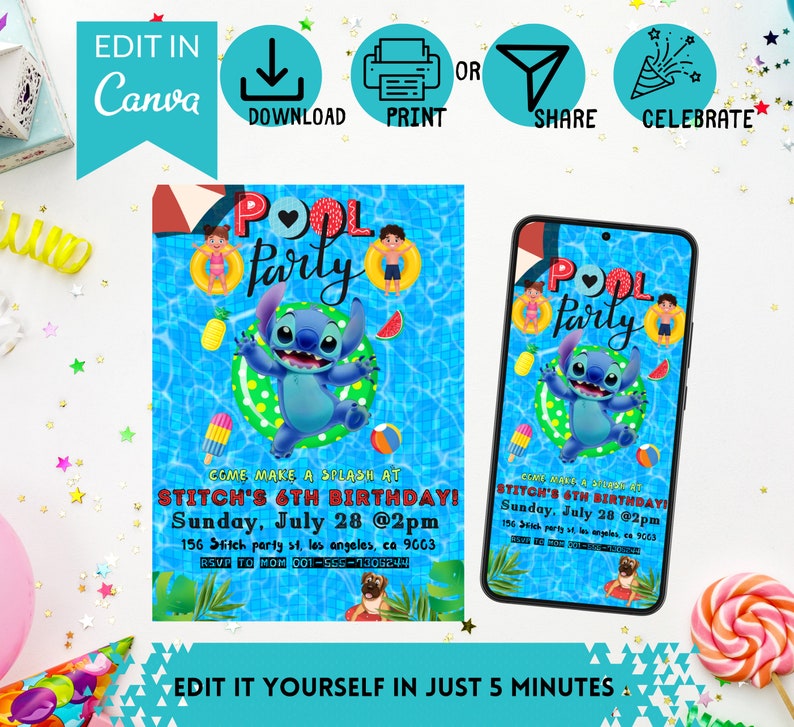 Stitch Kids Pool Party Invitations! Printable & Mobile Evite Set ...