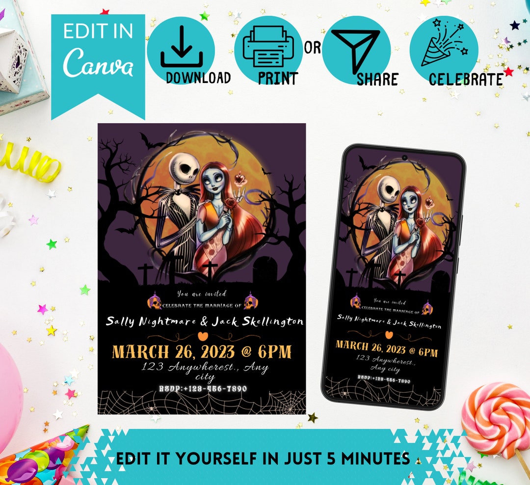Gothic Jack and Sally Wedding Invitation - Printable & Mobile Evite Set ...