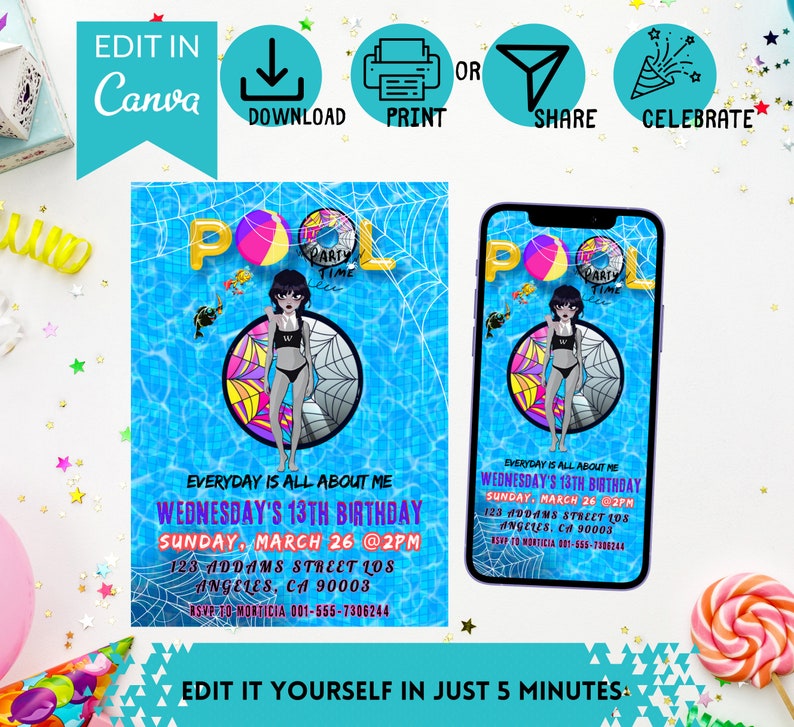 Wednesday Pool Party Birthday Invitation Printable & Mobile Evite Set ...