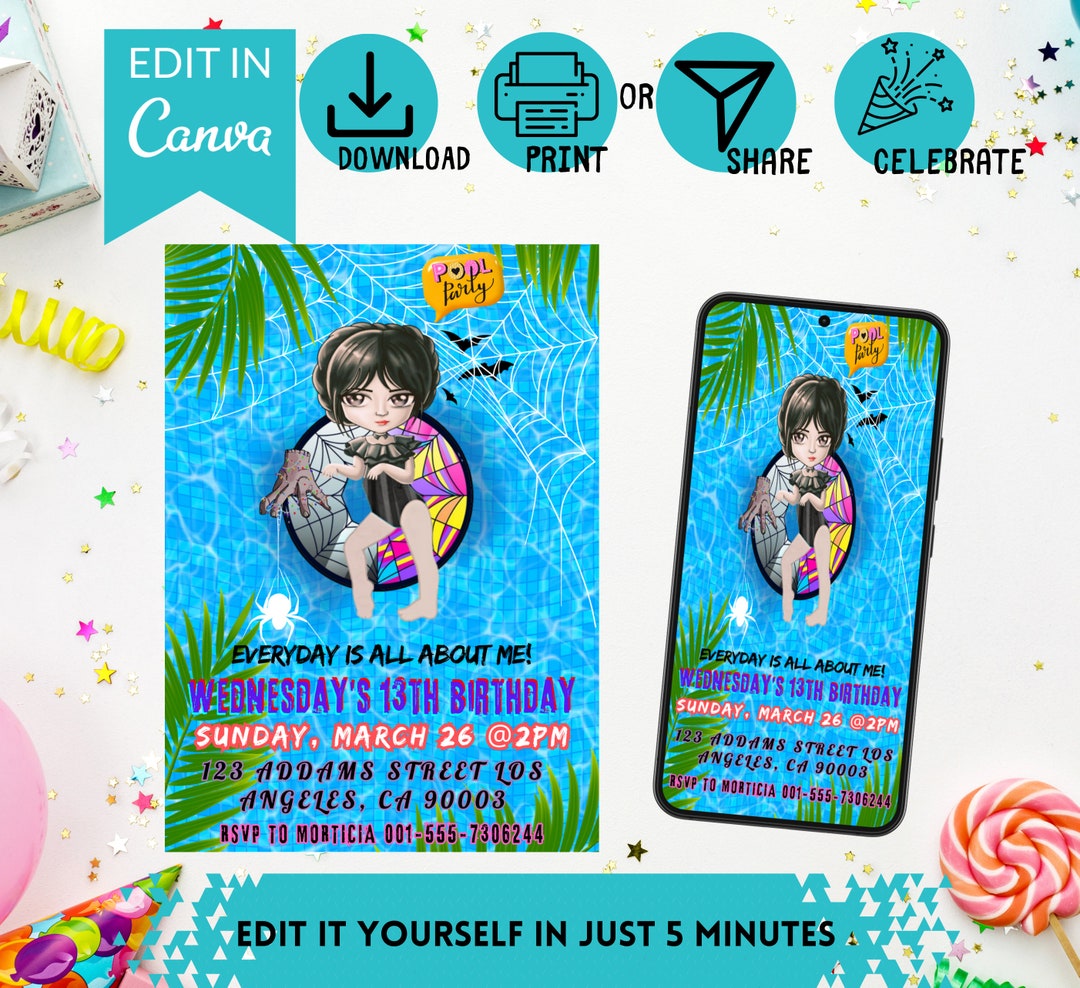 Cute Wednesday Pool Party Editable Invitations!- Printable & Mobile ...