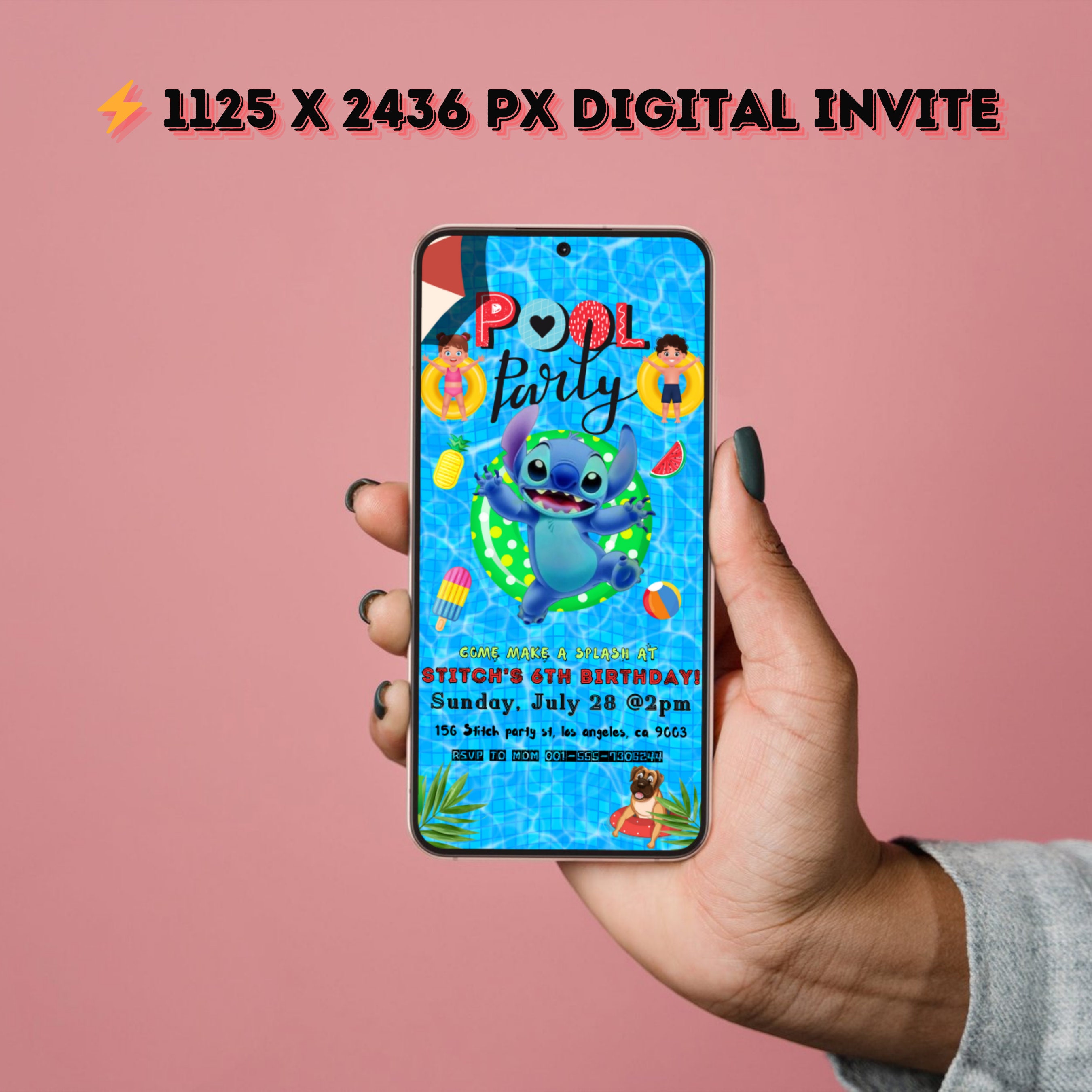 Stitch Kids Pool Party Invitations Printable & Mobile Evite Set Instant ...