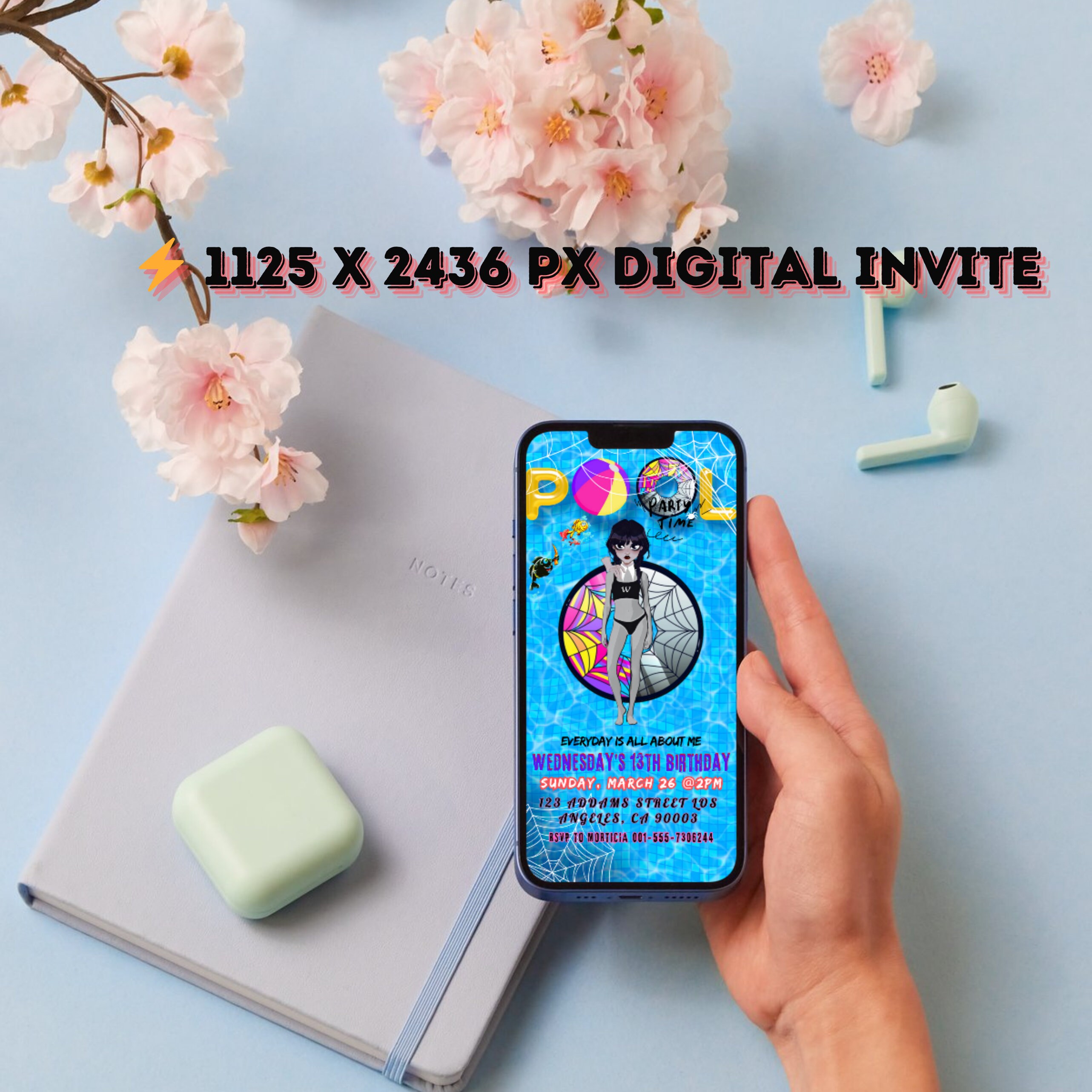 Wednesday Pool Party Birthday Invitation - Printable & Mobile Evite Set ...