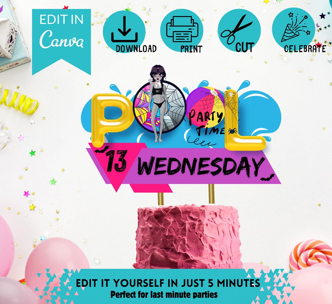 Wednesday Pool Party Cake Topper - Easy and Editable 8"x8" Template ...